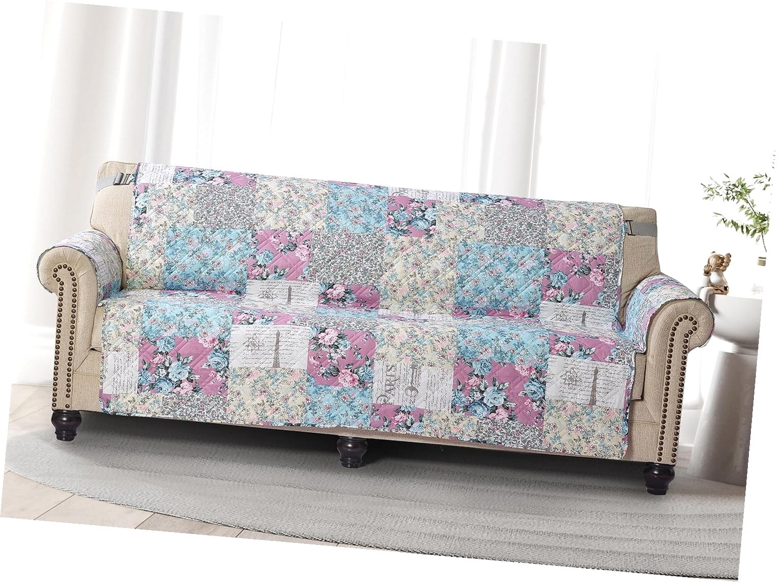 ANYWAY.GO Lilac Rose Toile Couch Cover, Lively Patchwork Design ...