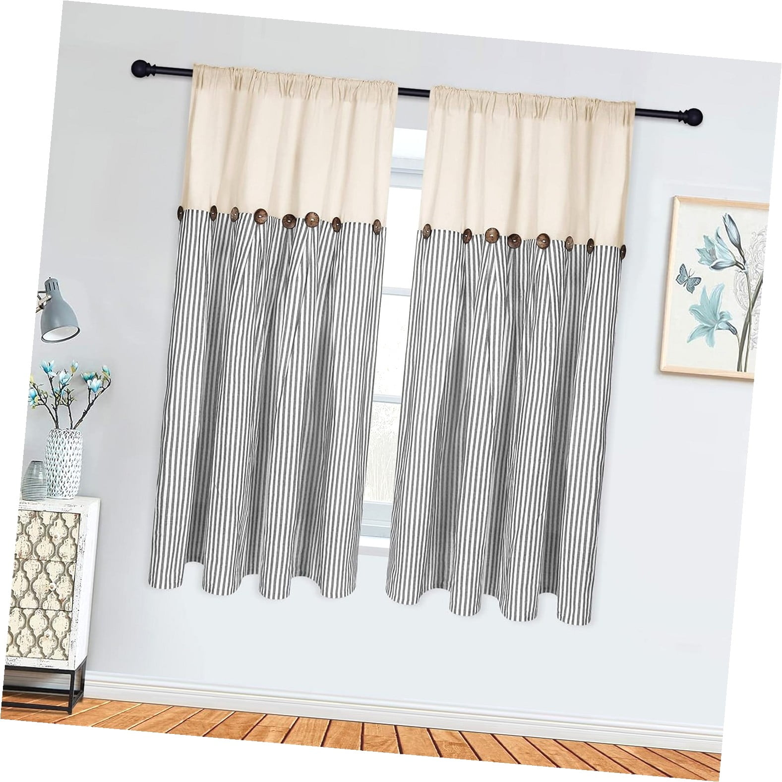 ANYWAY.GO Linen Farmhouse Curtains Button Curtains and Dark Grey Stripe ...