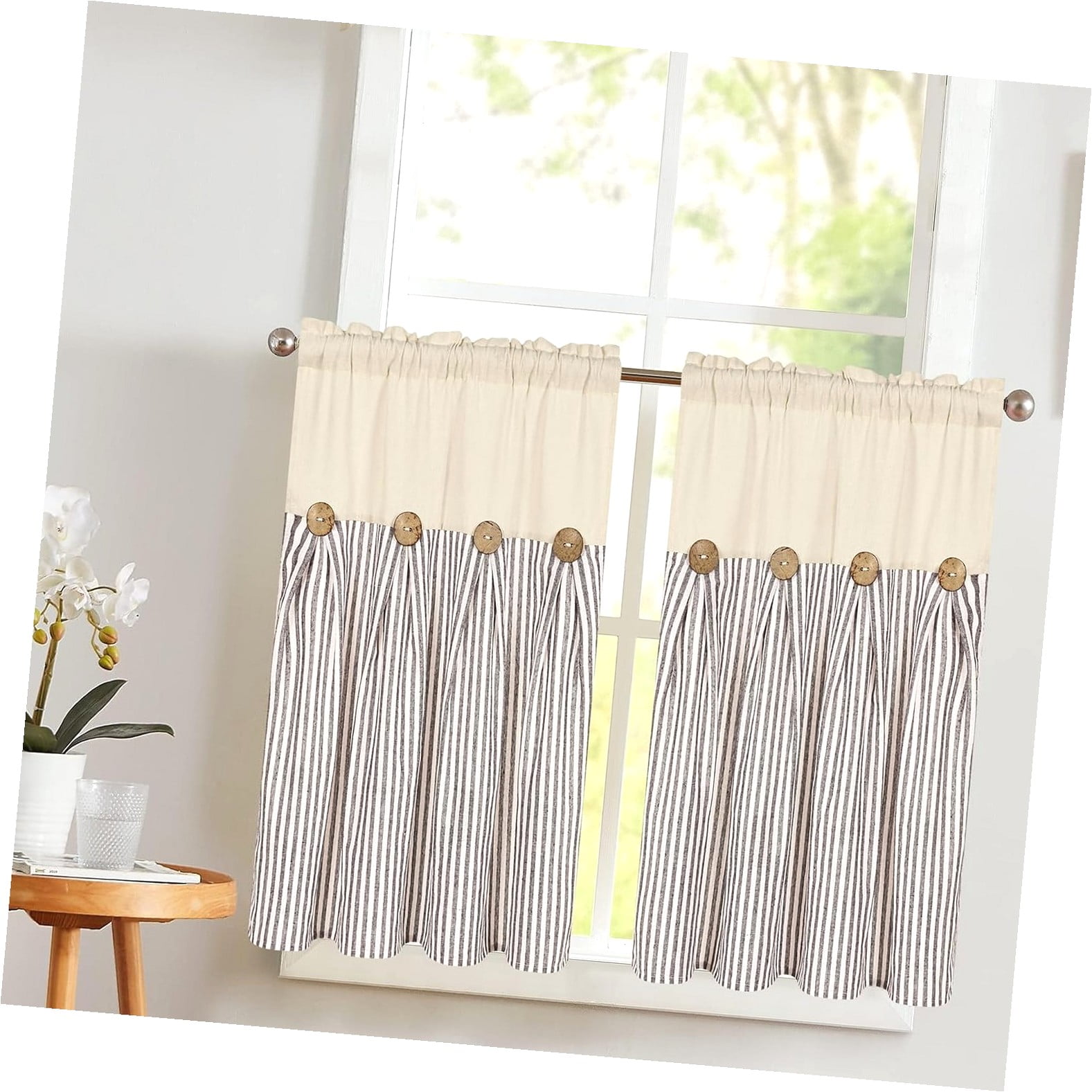 ANYWAY.GO Linen Farmhouse Kitchen Curtains 36 Inch Button Tier Curtains ...