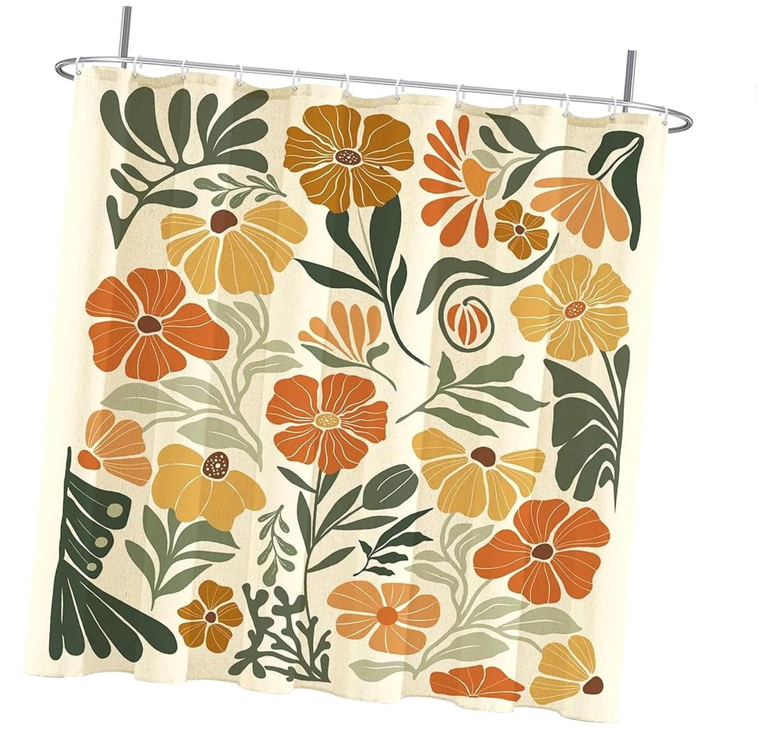 ANYWAY.GO Linen Shower Curtain Orange Floral Retro Farmhouse Country ...