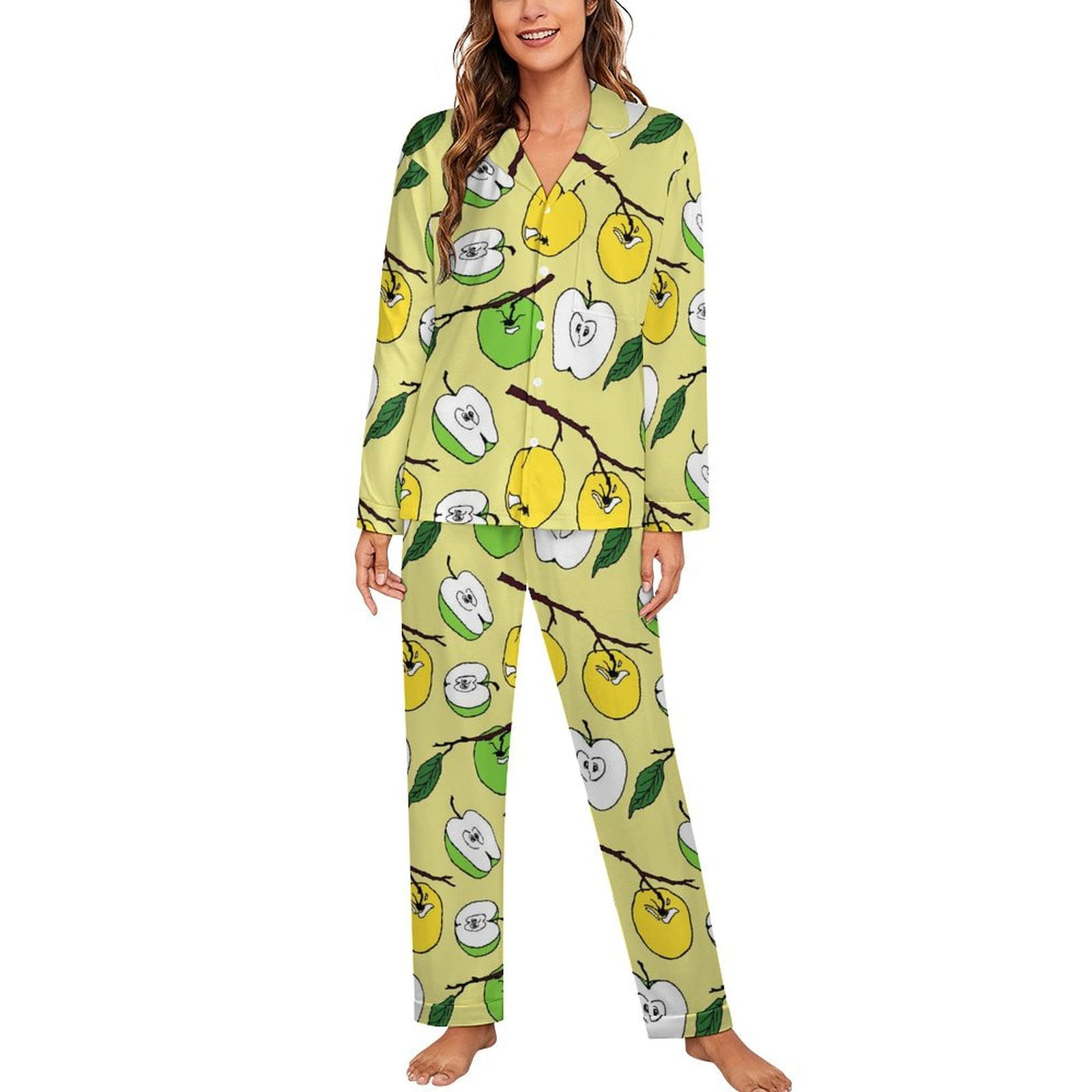 ANYWAY.GO Long Sleeve Pajama Set for Women Apples Sample Pattern Dark ...