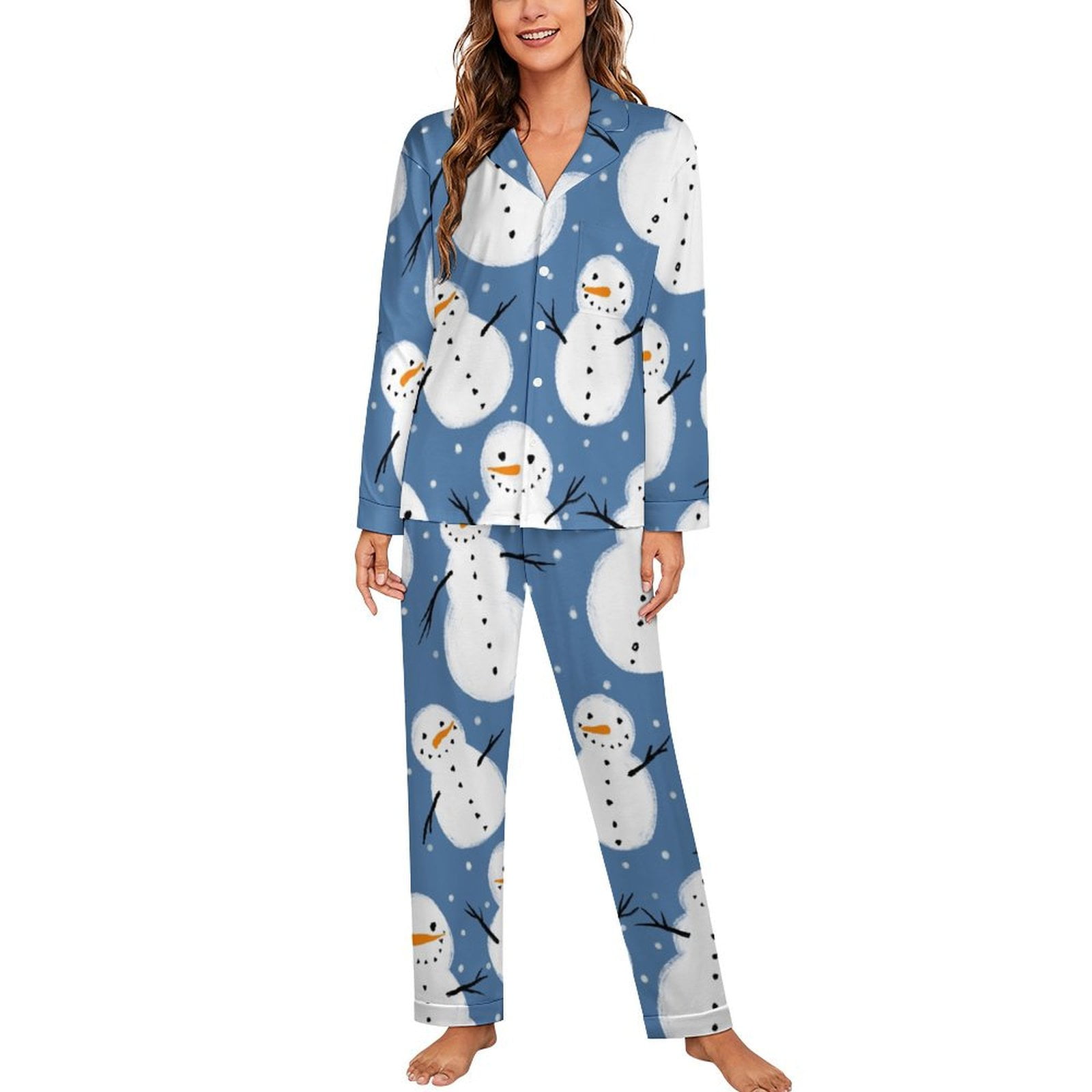 ANYWAY.GO Long Sleeve Pajama Set for Women Christmas Pattern Snowmen ...