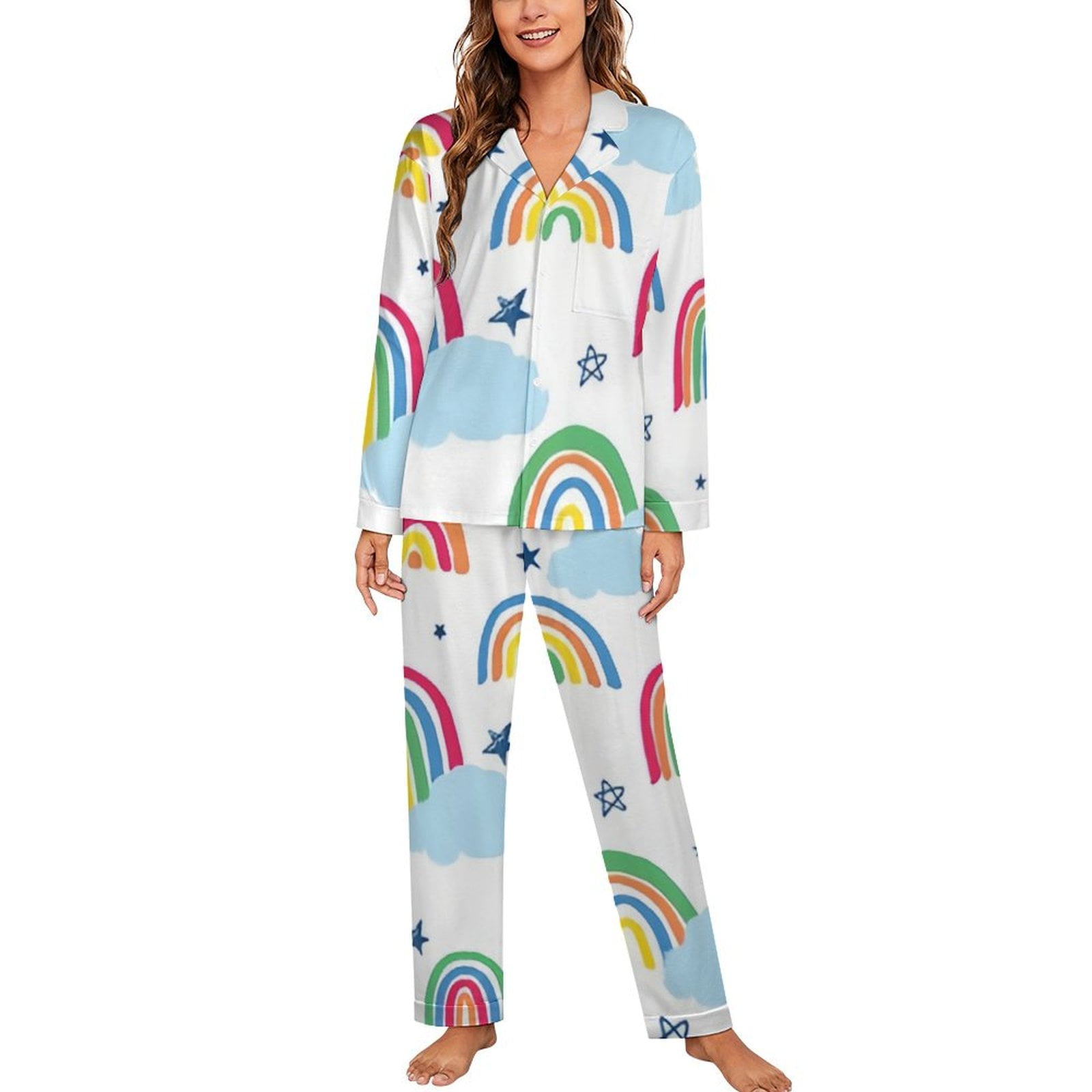 ANYWAY.GO Long Sleeve Pajama Set for Women Clouds Repeat Pattern Long ...