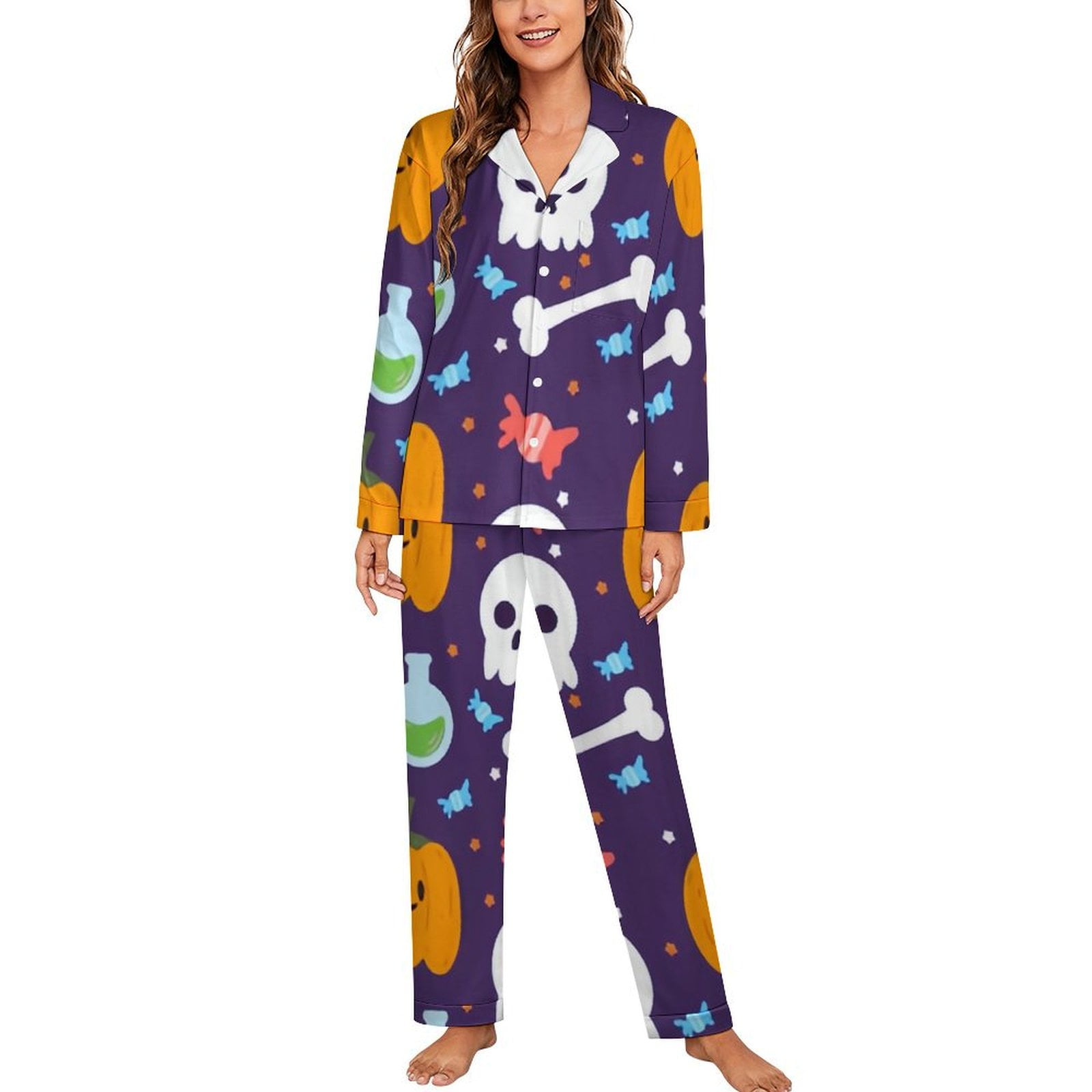 ANYWAY.GO Long Sleeve Pajama Set for Women Cute Halloween Pattern Shull ...
