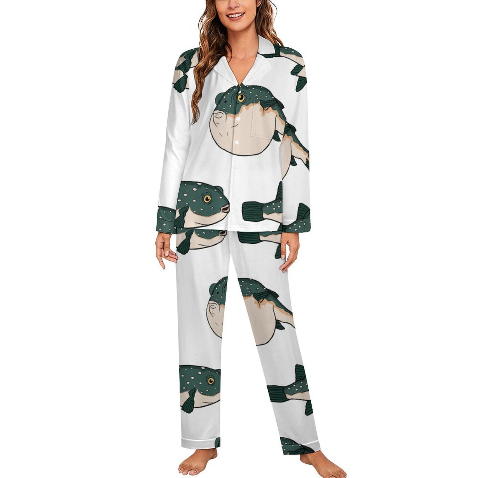 ANYWAY.GO Long Sleeve Pajama Set for Women Fish Design Puffer Pattern ...
