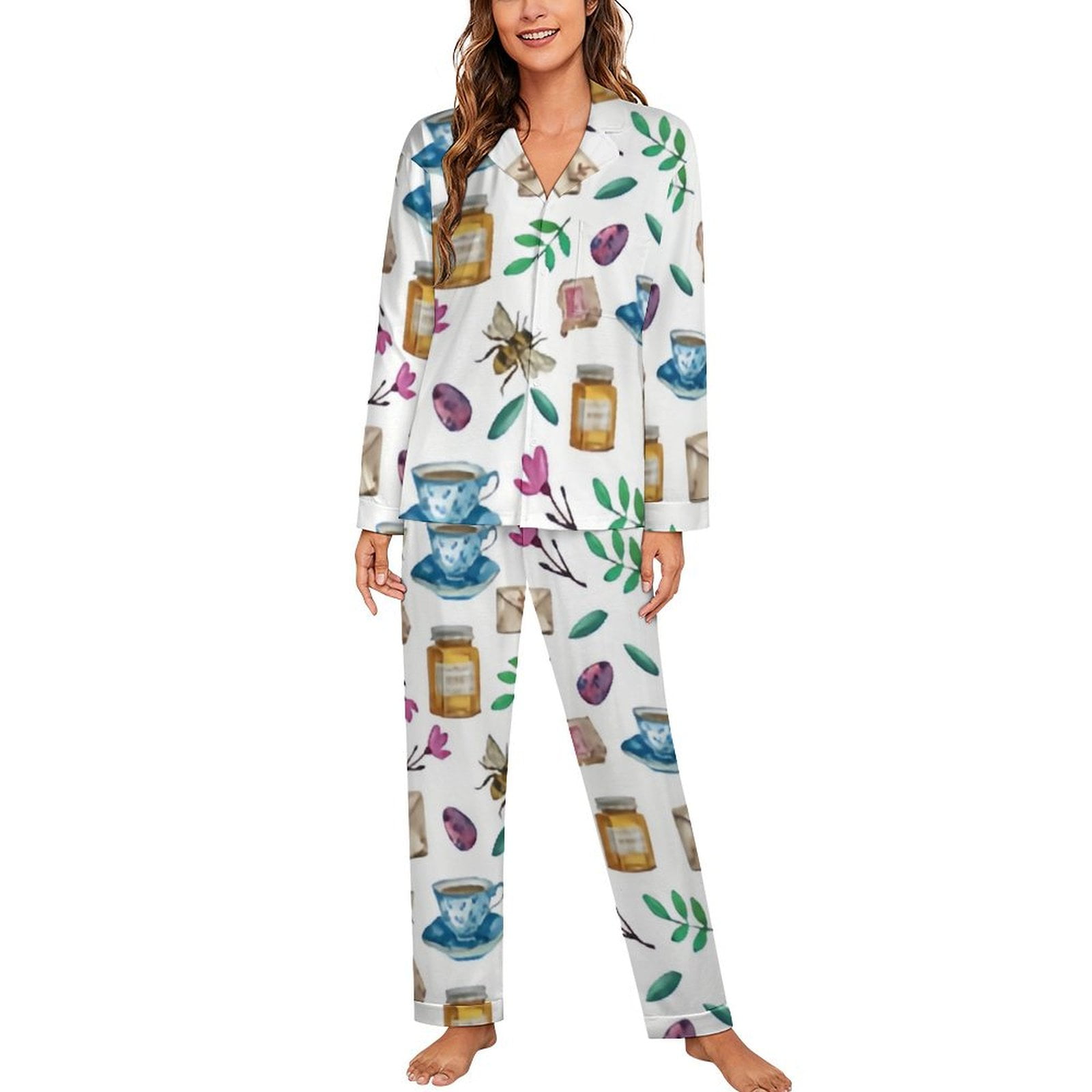 ANYWAY.GO Long Sleeve Pajama Set for Women Hand drawing watercolor ...