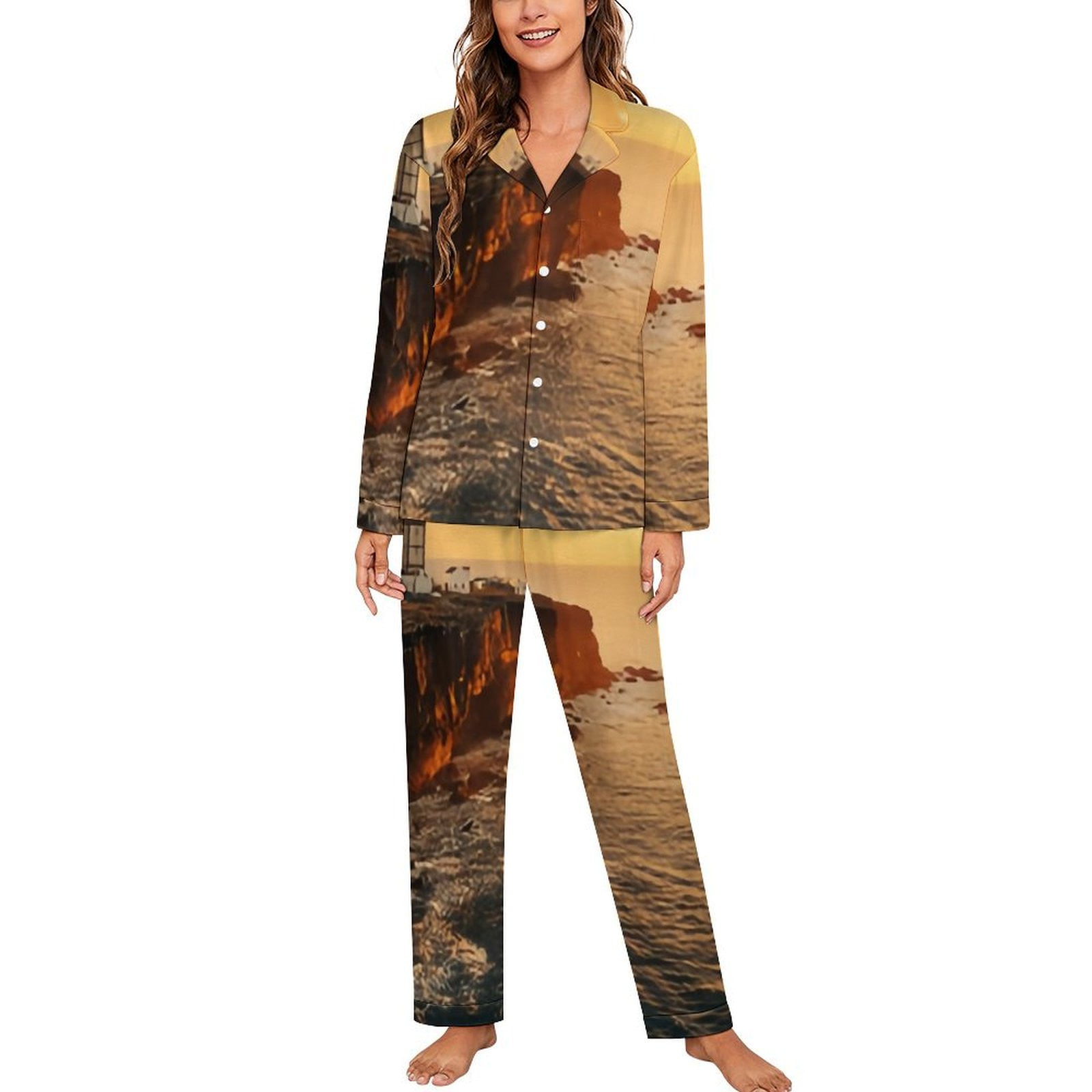 ANYWAY.GO Long Sleeve Pajama Set for Women Lighthouse Sunset Cliff ...