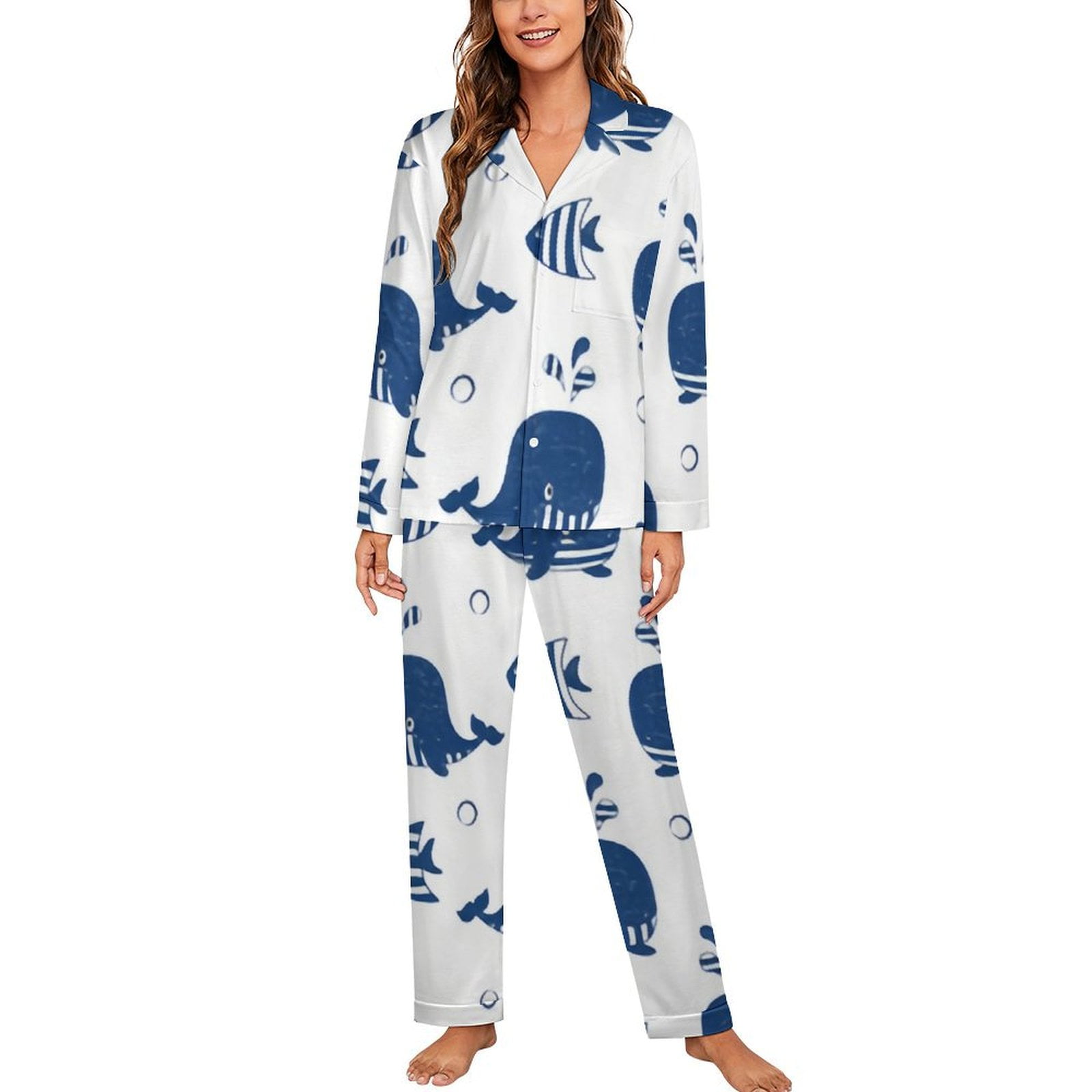 ANYWAY.GO Long Sleeve Pajama Set for Women Marine Pattern Hand Drawn ...