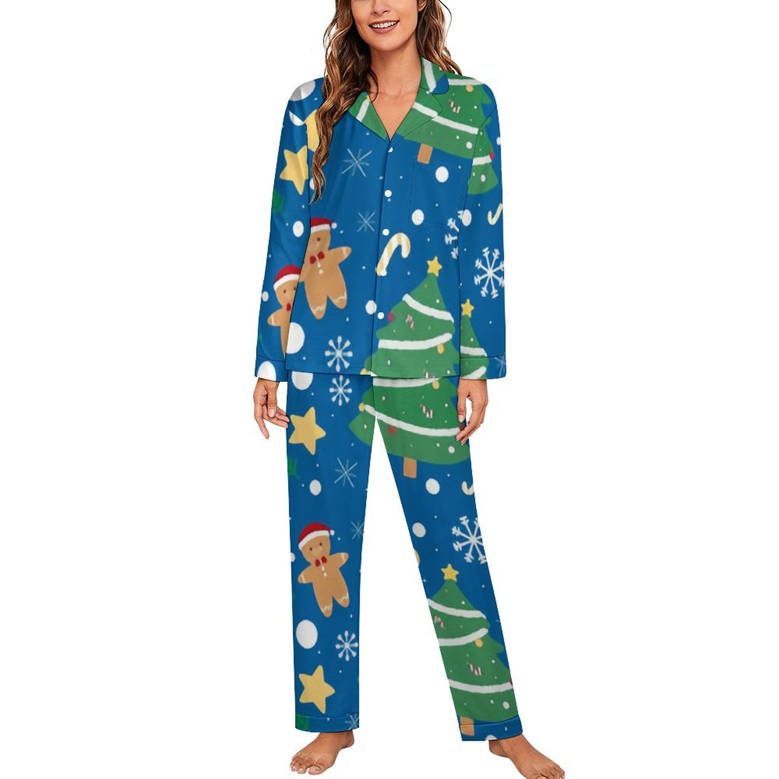 ANYWAY.GO Long Sleeve Pajama Set for Women Marry Christmas Tree Snowman ...