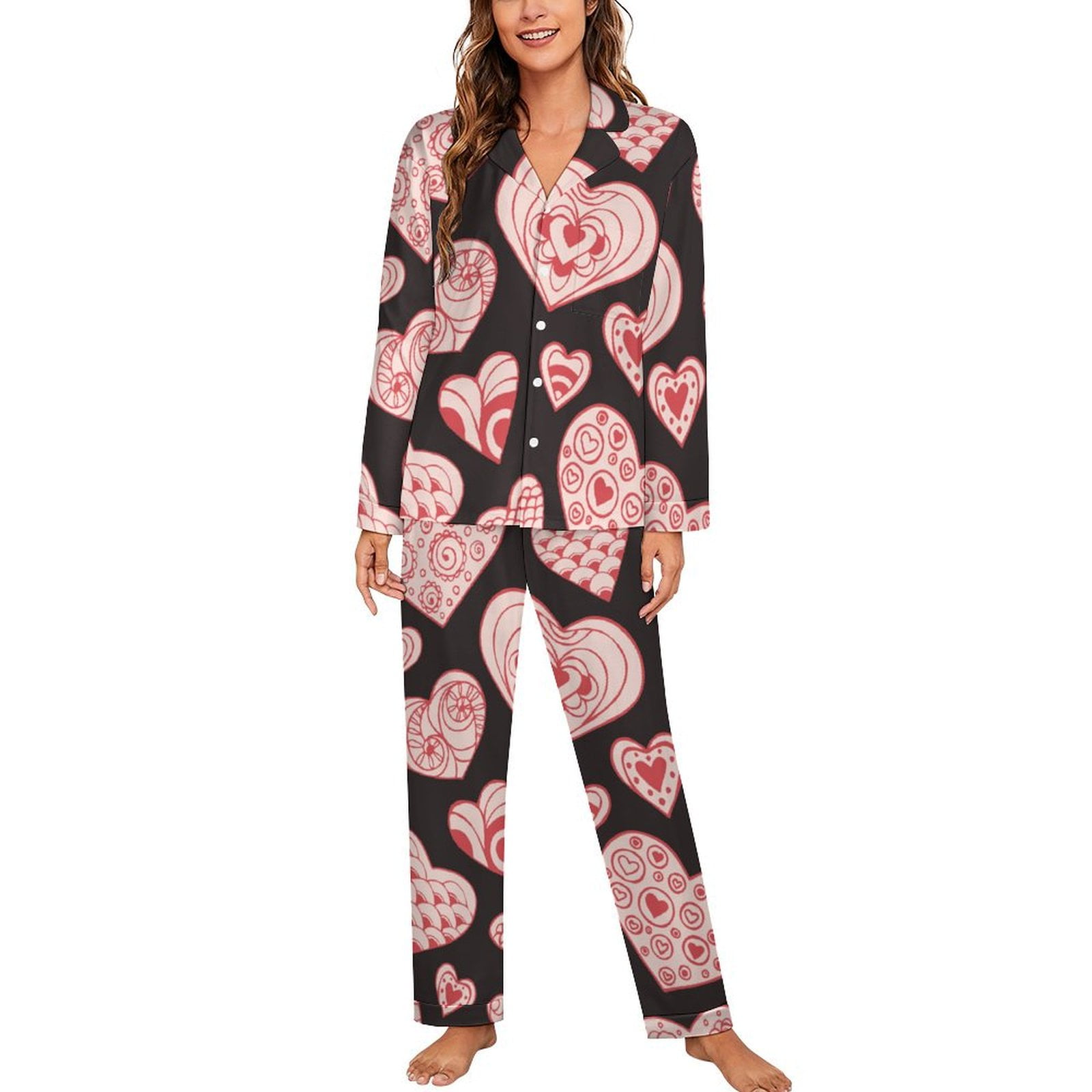ANYWAY.GO Long Sleeve Pajama Set for Women Pattern Doodle Hearts Long ...