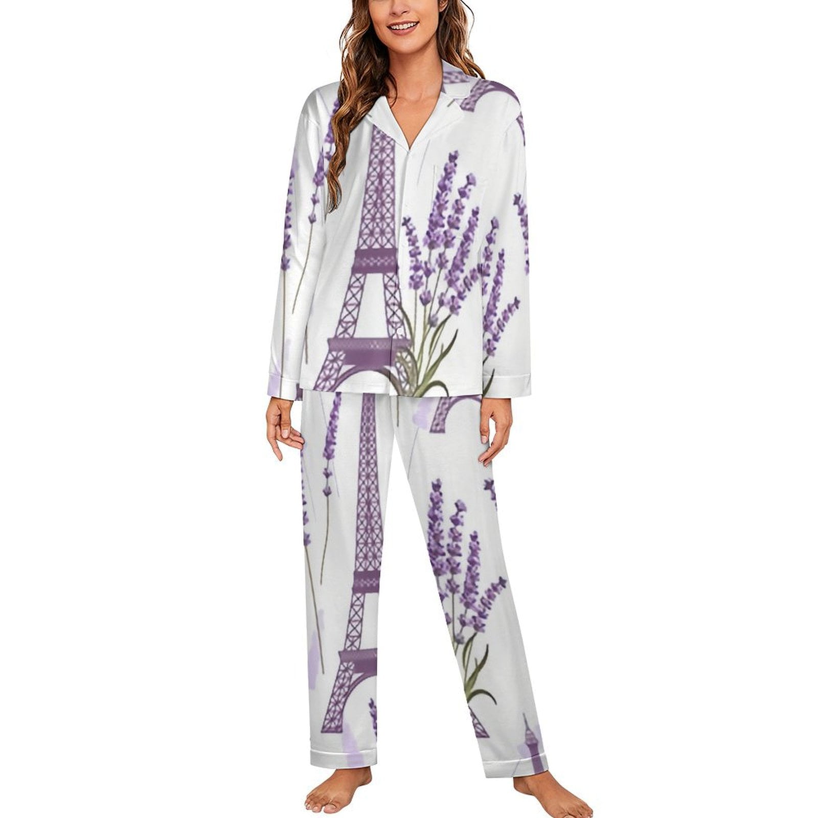 ANYWAY.GO Long Sleeve Pajama Set for Women Pattern Lavender Flowers ...