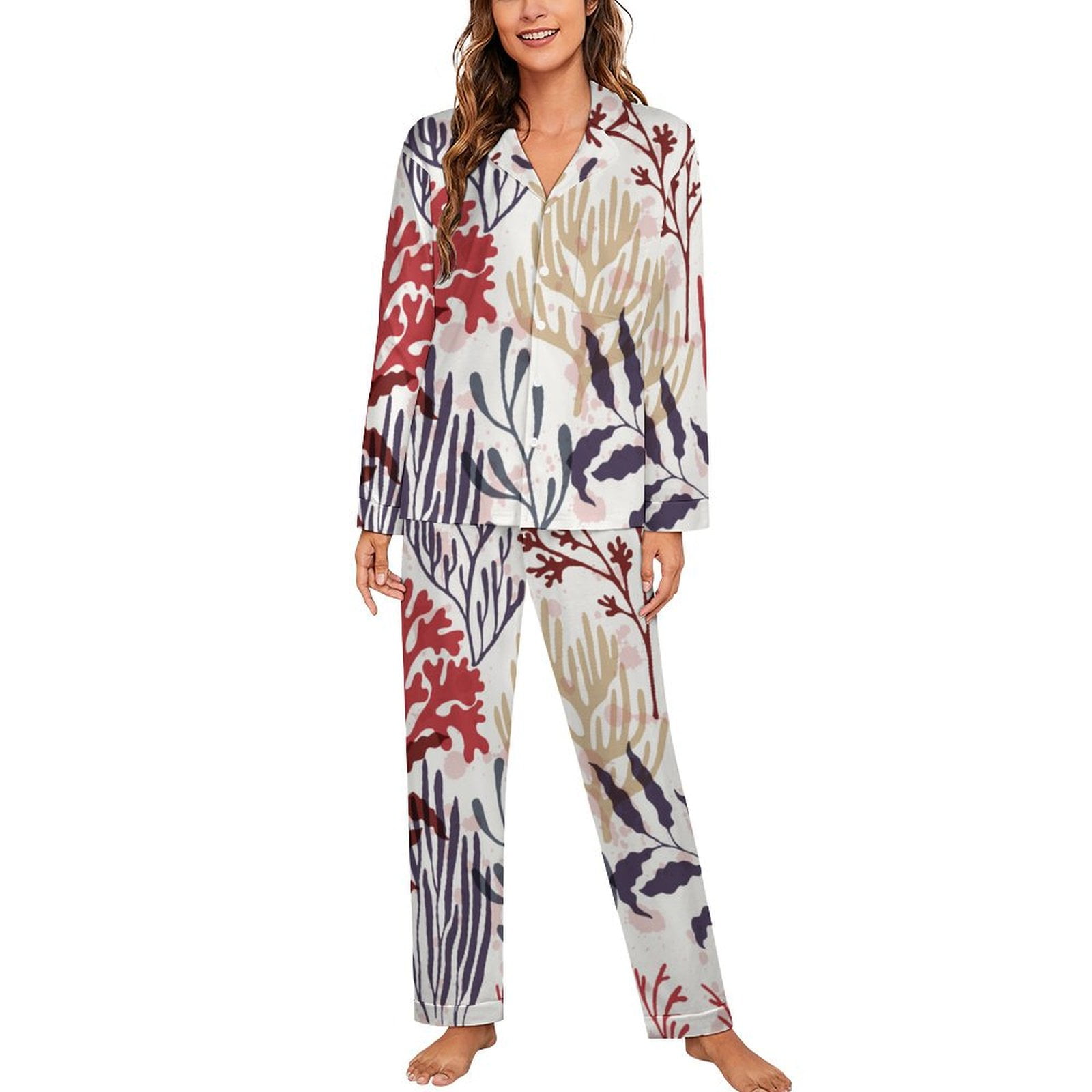 ANYWAY.GO Long Sleeve Pajama Set for Women Reef Pattern Coral Kelp Long ...