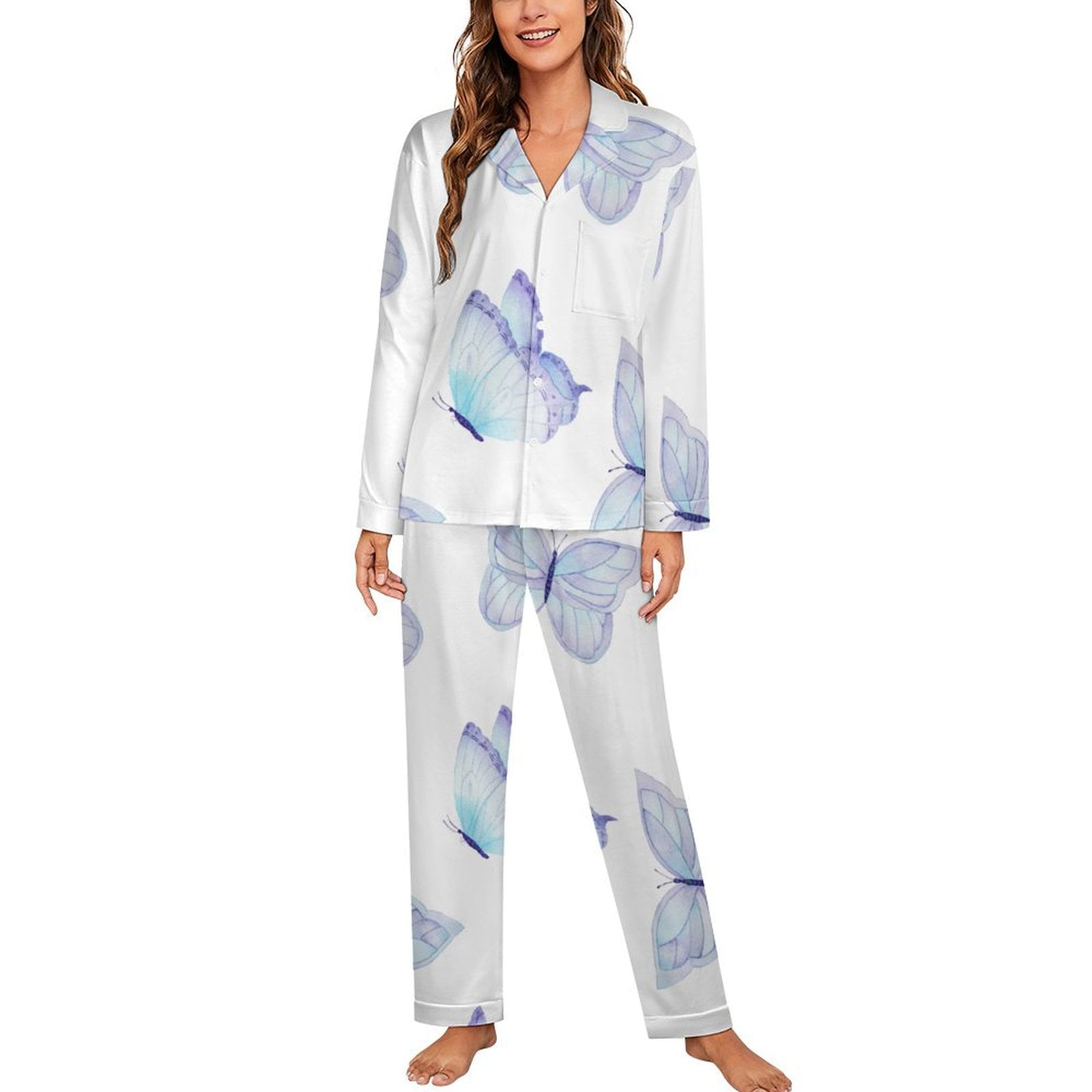 ANYWAY.GO Long Sleeve Pajama Set for Women Watercolor Hand Drawn ...