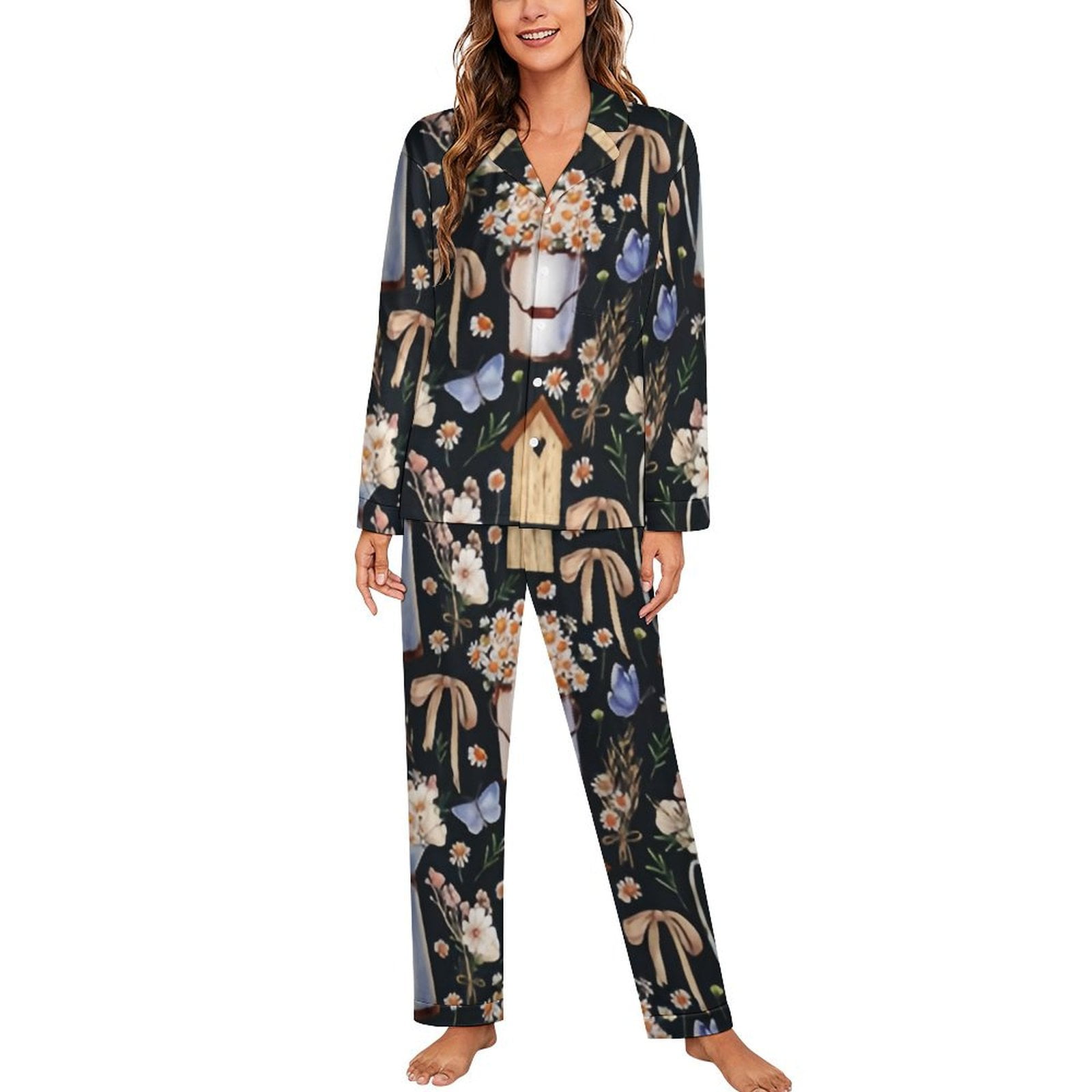 ANYWAY.GO Long Sleeve Pajama Set for Women Watercolor Pattern Rustic ...