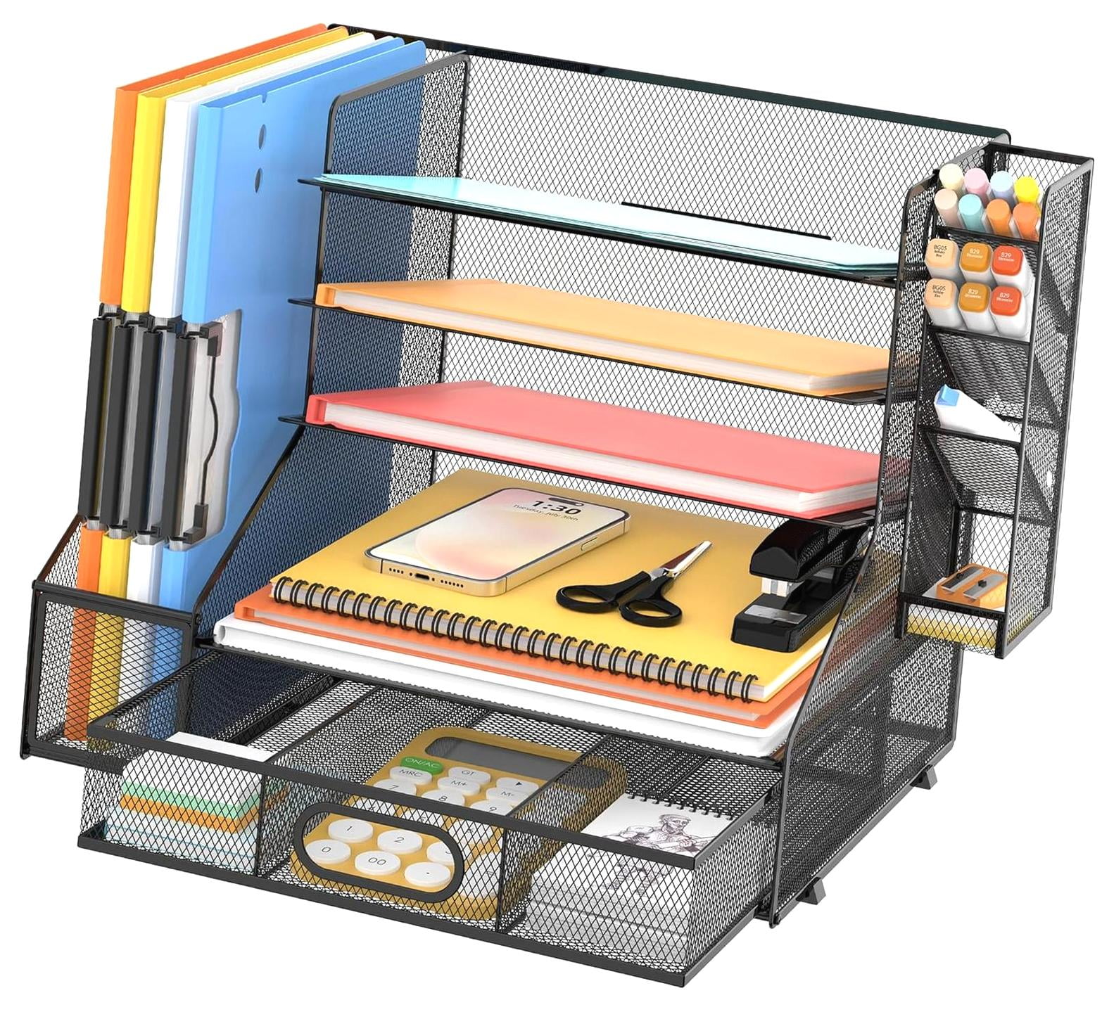 ANYWAY.GO Mesh Desk Organizer, 5- Paper Letter Tray Including File Holder & Sliding Drawer ...