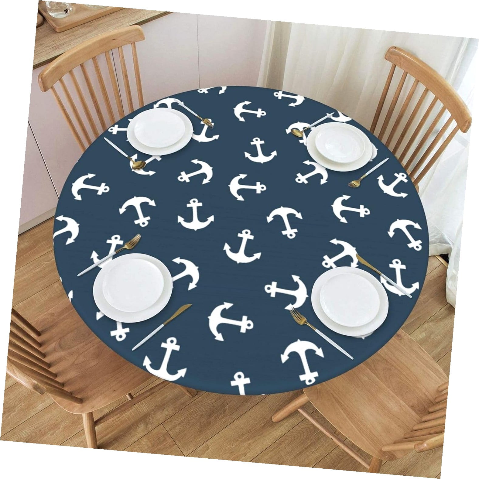 ANYWAY.GO Nautical Navy Blue Anchors Tablecloth with , Round Table ...