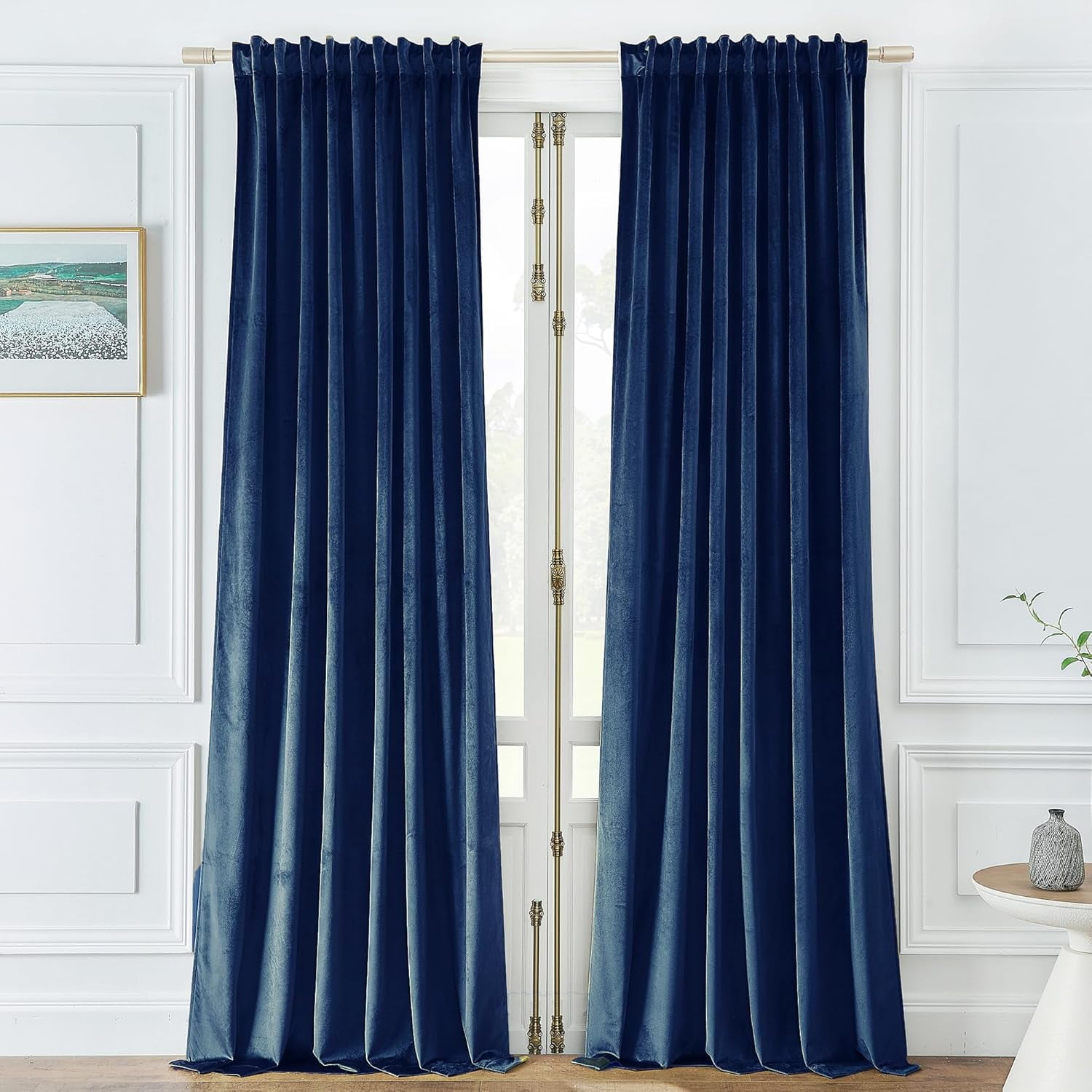 ANYWAY.GO Navy Blue Pleat Back Tab Velvet Curtains W52 L102 inches 2 ...