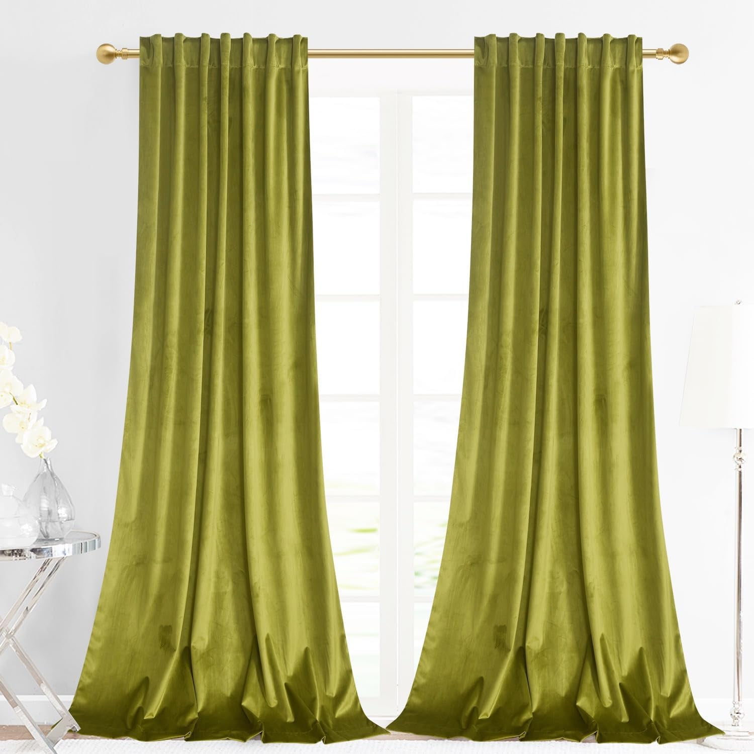 ANYWAY.GO Olive Velvet Pinch Pleated Curtains 108 Inches Long, Light ...