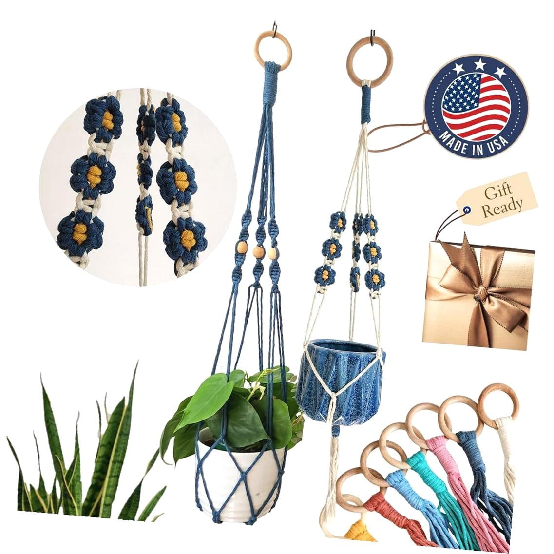 ANYWAY.GO Pair of 2 Macrame Plant Holders with Daisy Accents & Beads ...