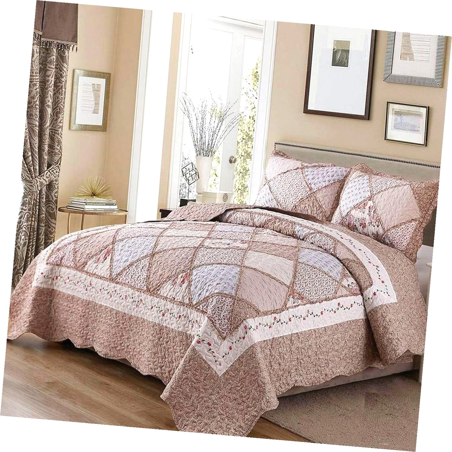 ANYWAY.GO Queen Size Quilt Set 3-Piece Light Floral Patchwork ...