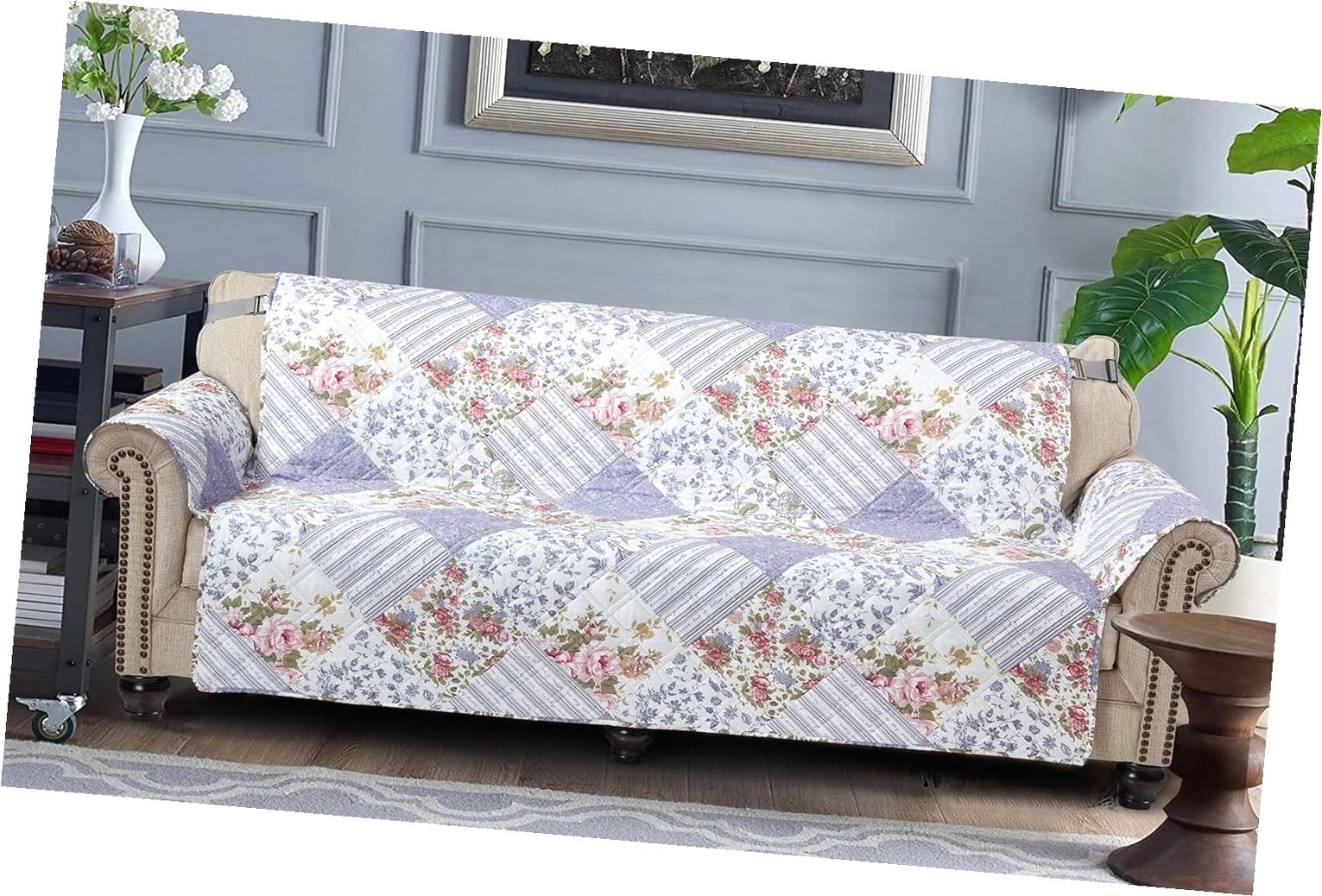 ANYWAY.GO Rose Violet Patchwork Couch Cover, Quilted Large Sofa ...