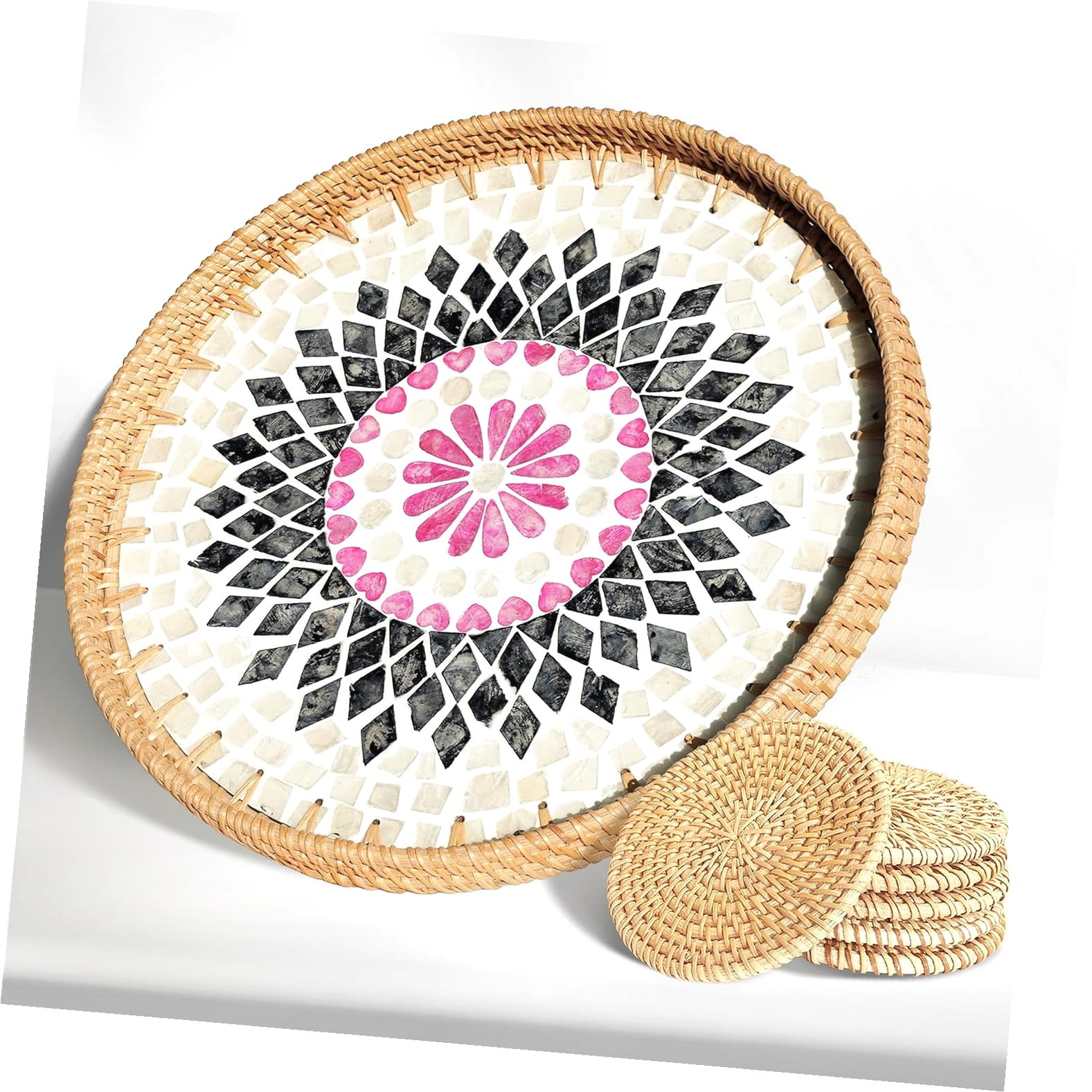 ANYWAY.GO Round Rattan Tray with Mother of Inlay, 13.8in Wicker Tray ...