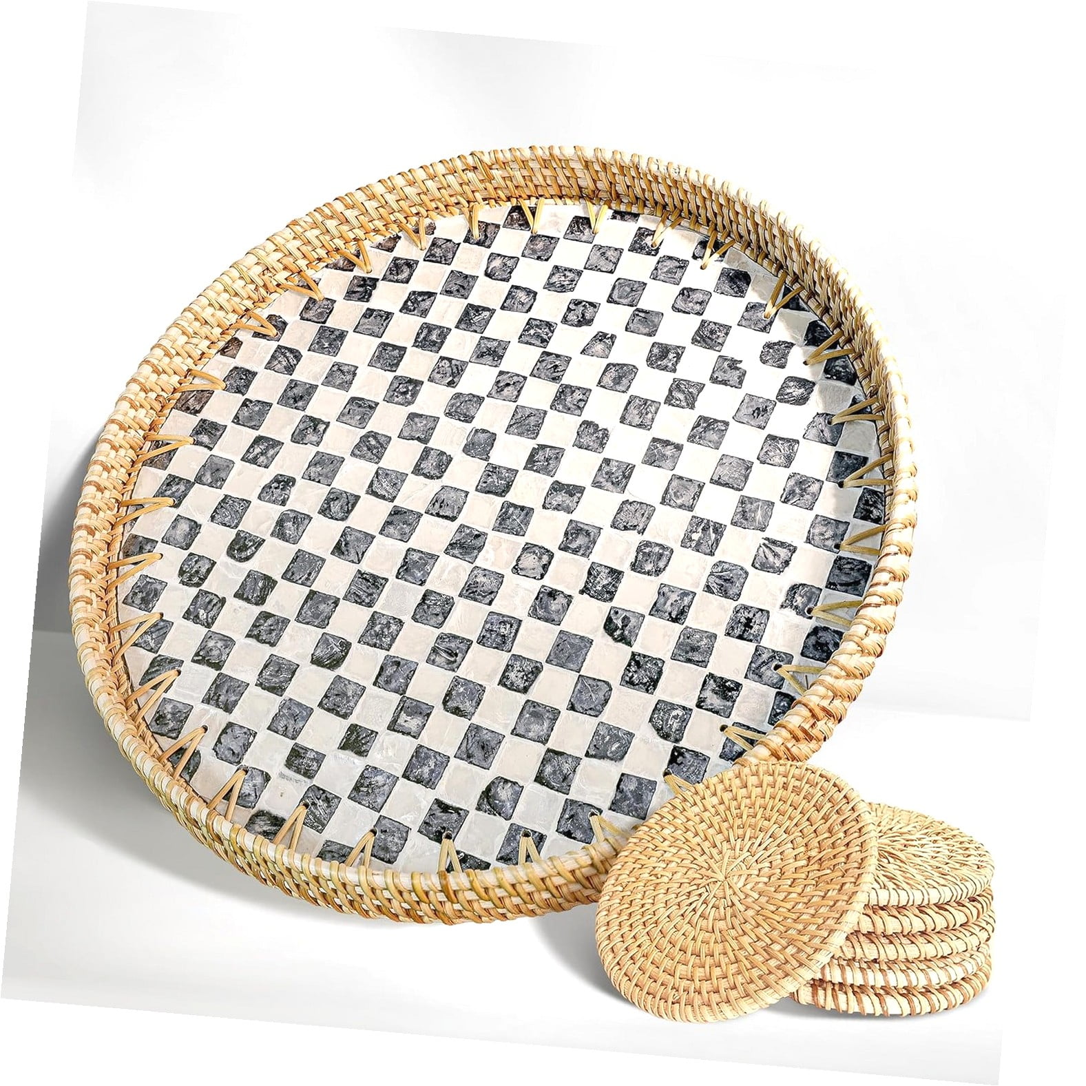 ANYWAY.GO Round Rattan Tray with Mother of Inlay, 13.8in Wicker Tray ...