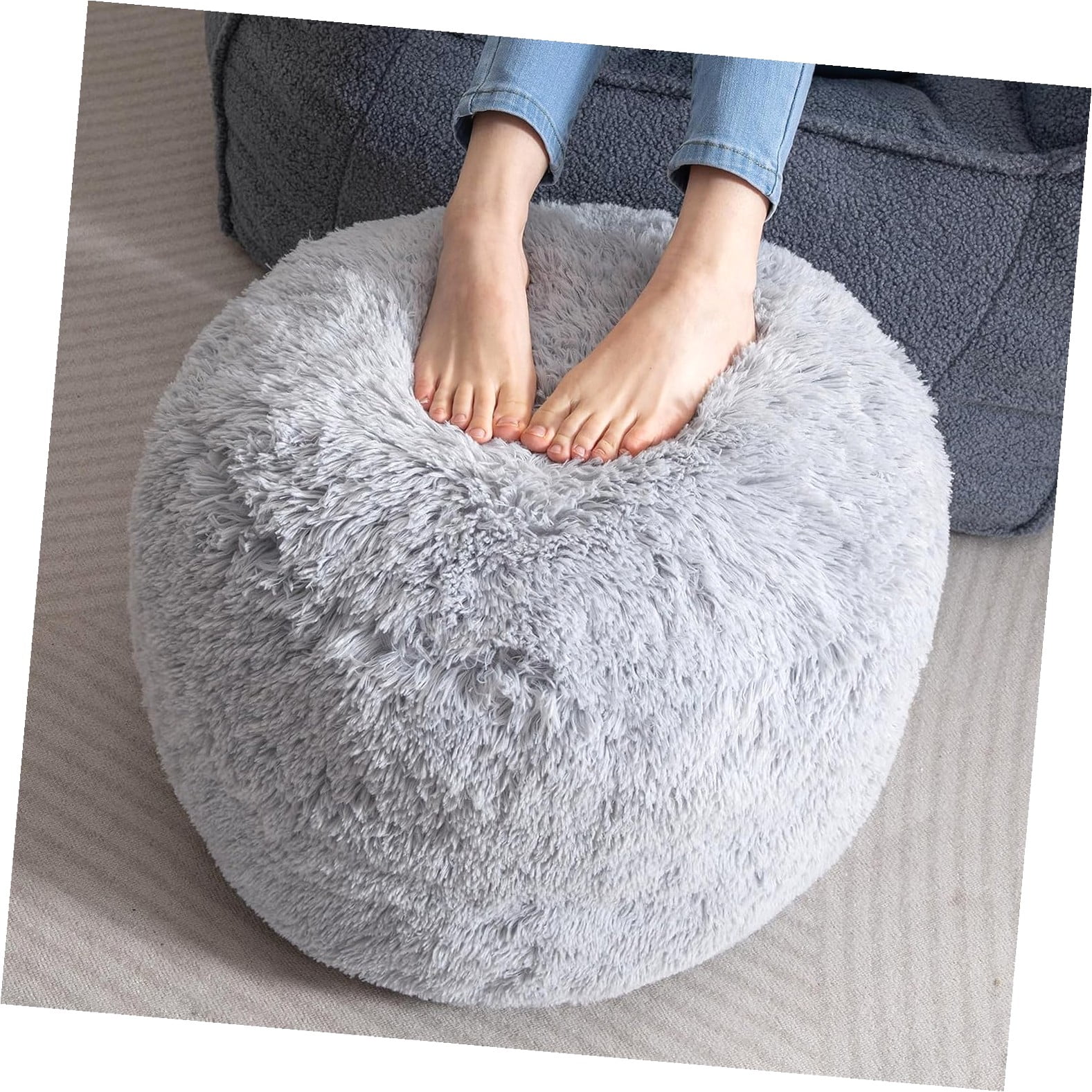 ANYWAY.GO Round Stuffed Pouf Ottoman, Long Faux Poufs with Chunky ...