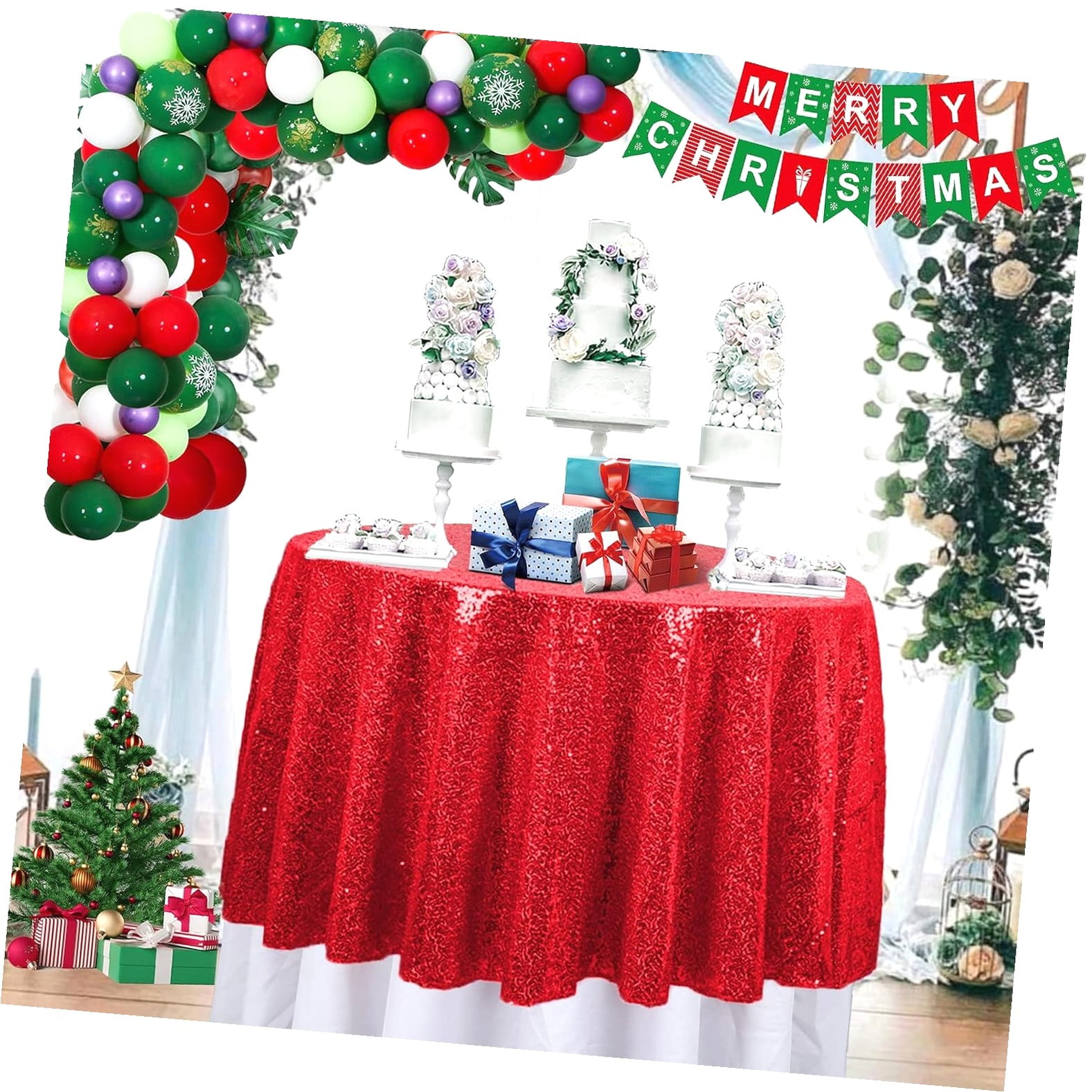 ANYWAY.GO Sequin Tablecloth Red 60 inch Round Sparkle Tablecloth 5ft ...