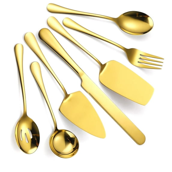 ANYWAY.GO Serving Utensils Set Steel Large Silverware 7 Piece Include Big Spoon Cake Server ...