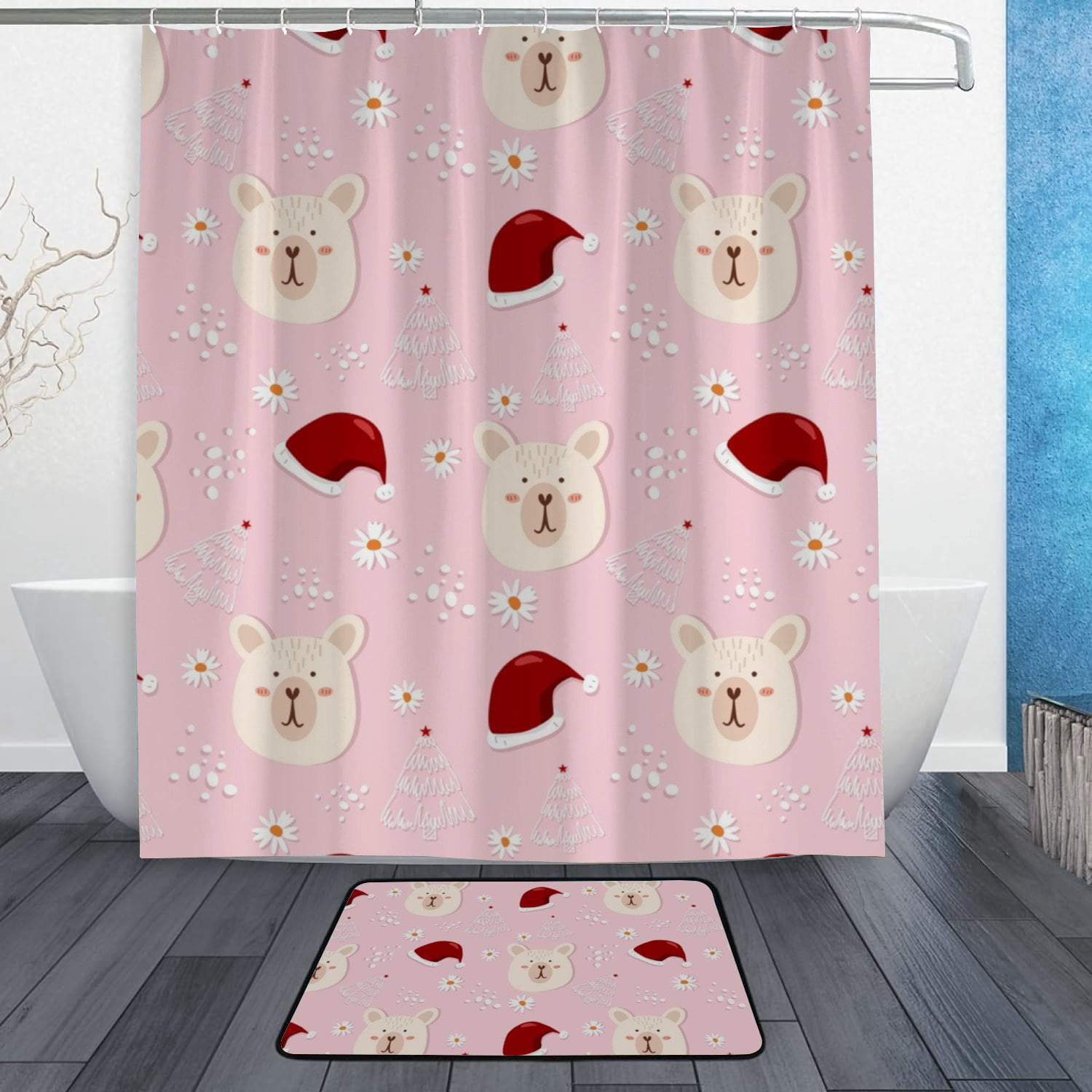 ANYWAY.GO Shower Curtain Set with Non Slip Rug Polyester Fabric ...