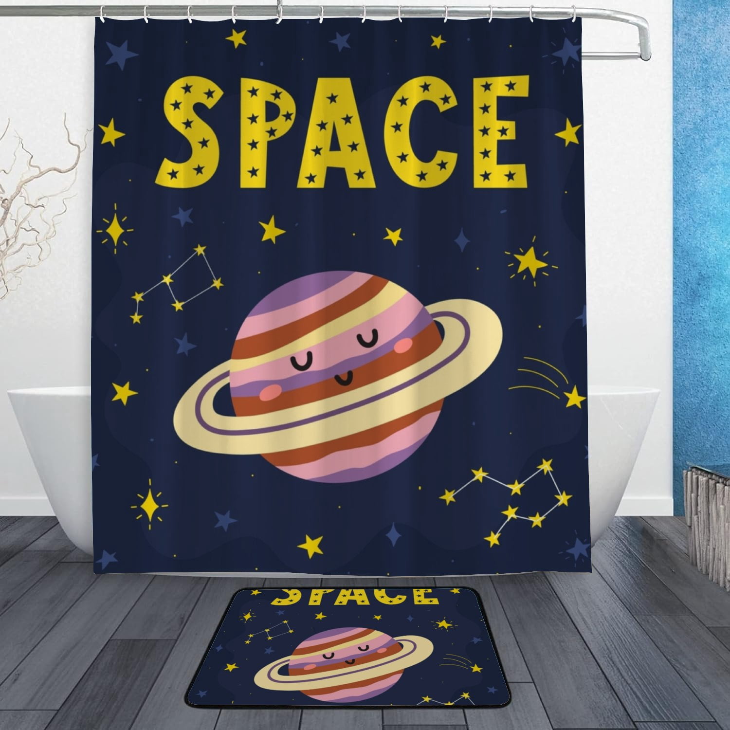 ANYWAY.GO Shower Curtain Set with Non Slip Rug Polyester Fabric ...