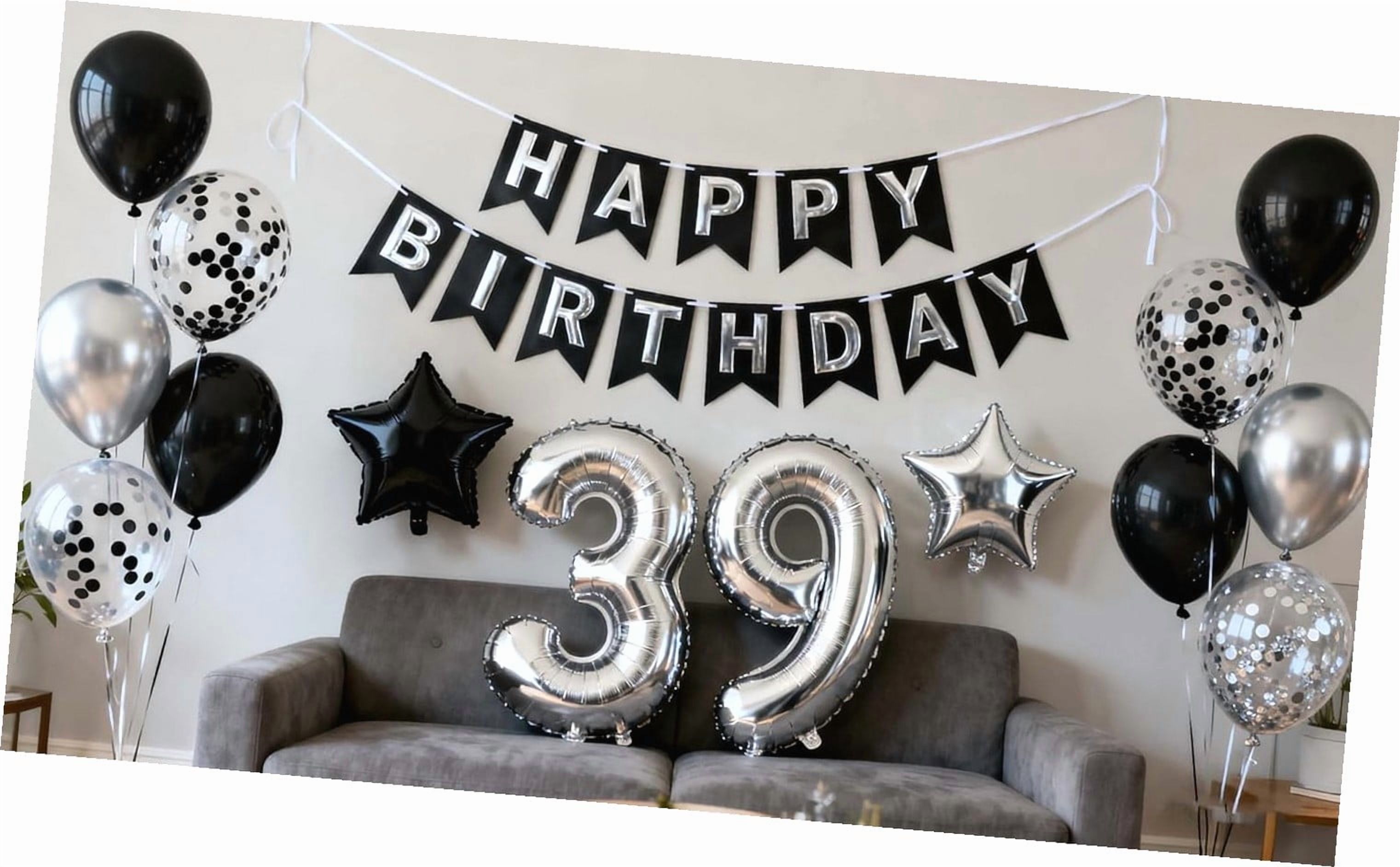 ANYWAY.GO Silver 39th Birthday Decorations, 39th Birthday Banner Latex ...