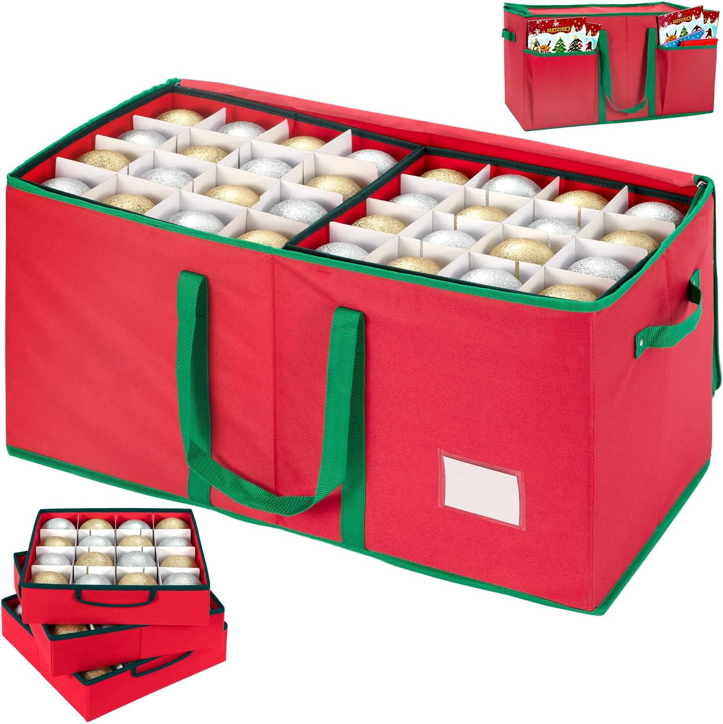 ANYWAY.GO Storage Box with Dividers and Side Pockets, Large Ornaments ...