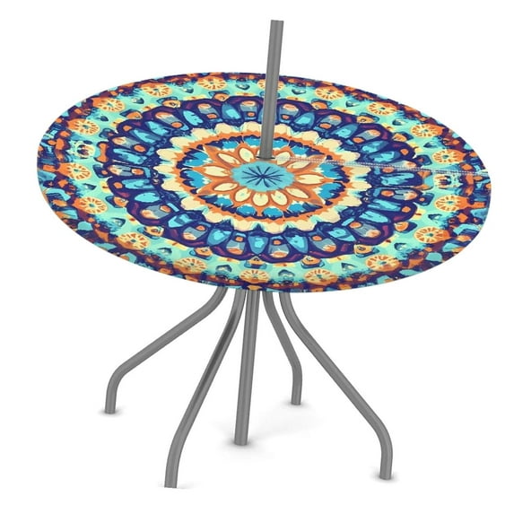 ANYWAY.GO Teal Blue Orange Tablecloth Featuring Umbrella Hole, Round ...