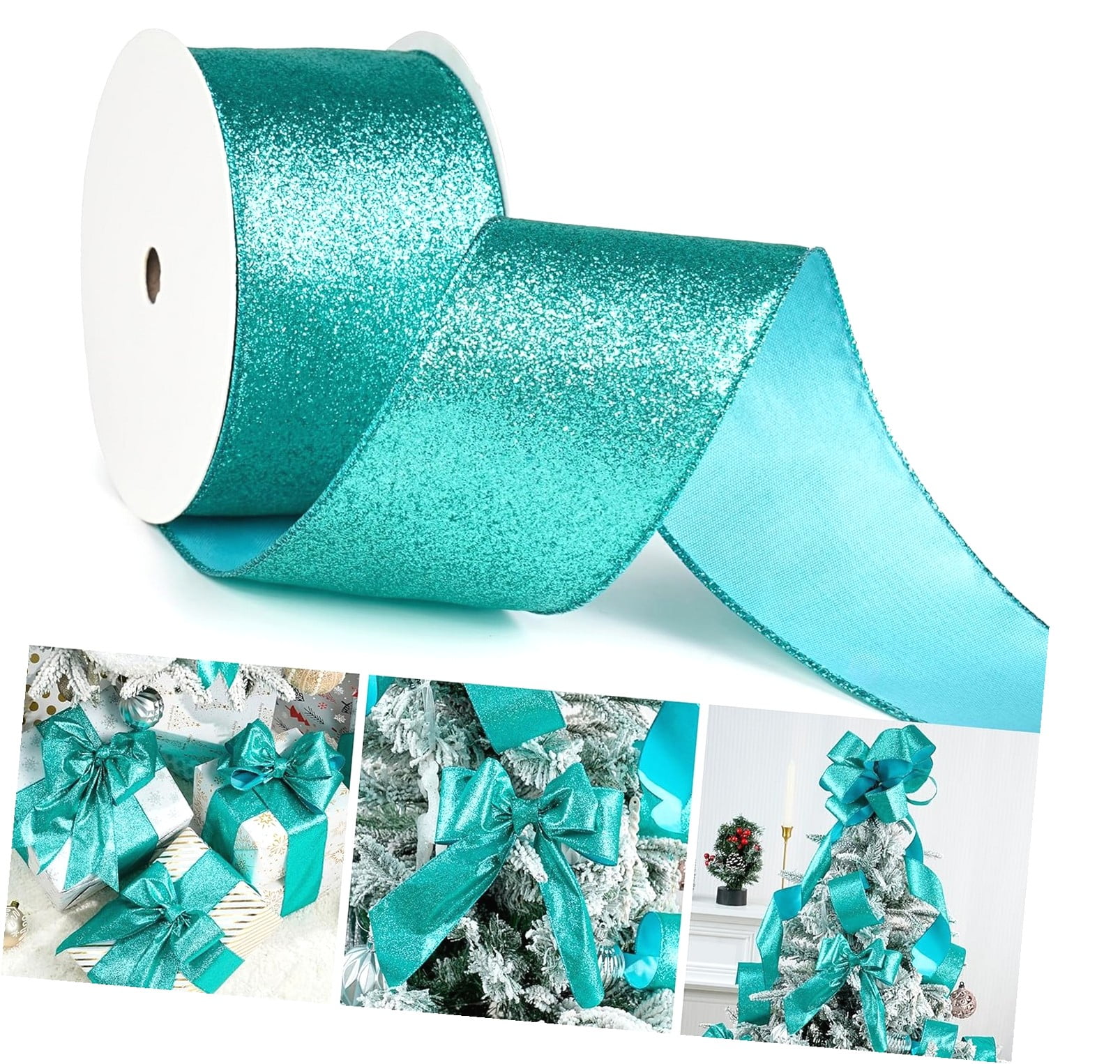 ANYWAY.GO Teal Glitter Wired 2.5" 10 Yards Sparkling Teal Christmas ...
