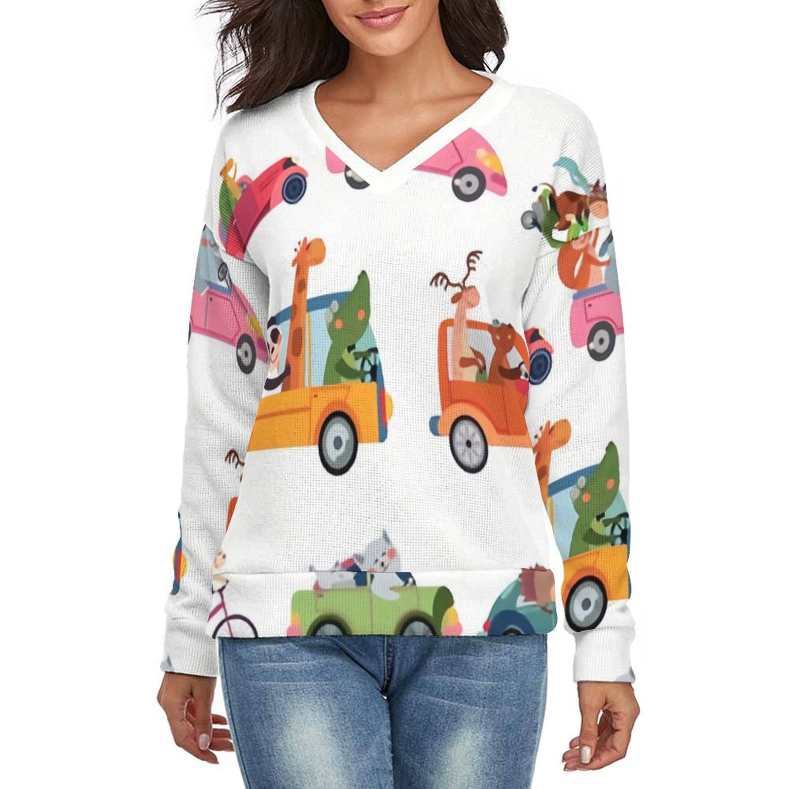 ANYWAY.GO Trendy Fall Fashion Women V Neck SweaterAnimal Transport Fun ...