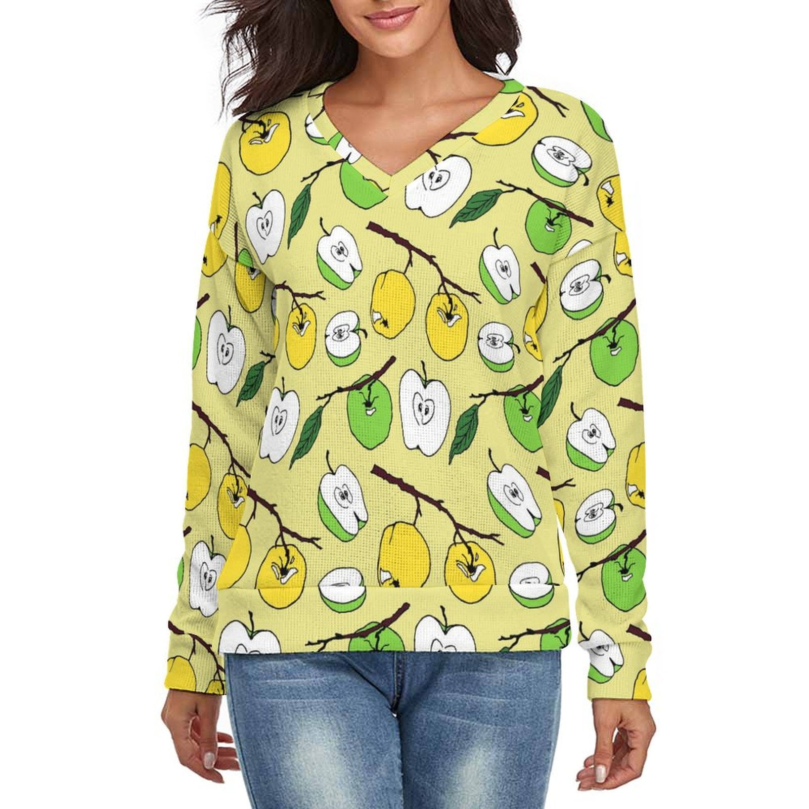 ANYWAY.GO Trendy Fall Fashion Women V Neck SweaterApples Sample Pattern ...