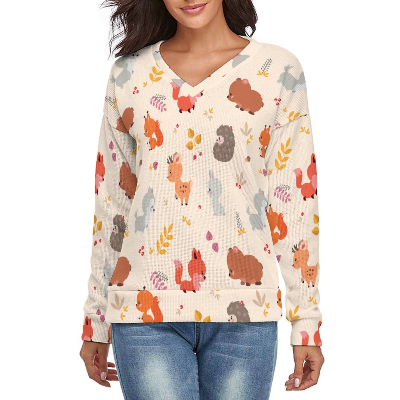 ANYWAY.GO Trendy Fall Fashion Women V Neck SweaterAutumn Cute Pattern ...