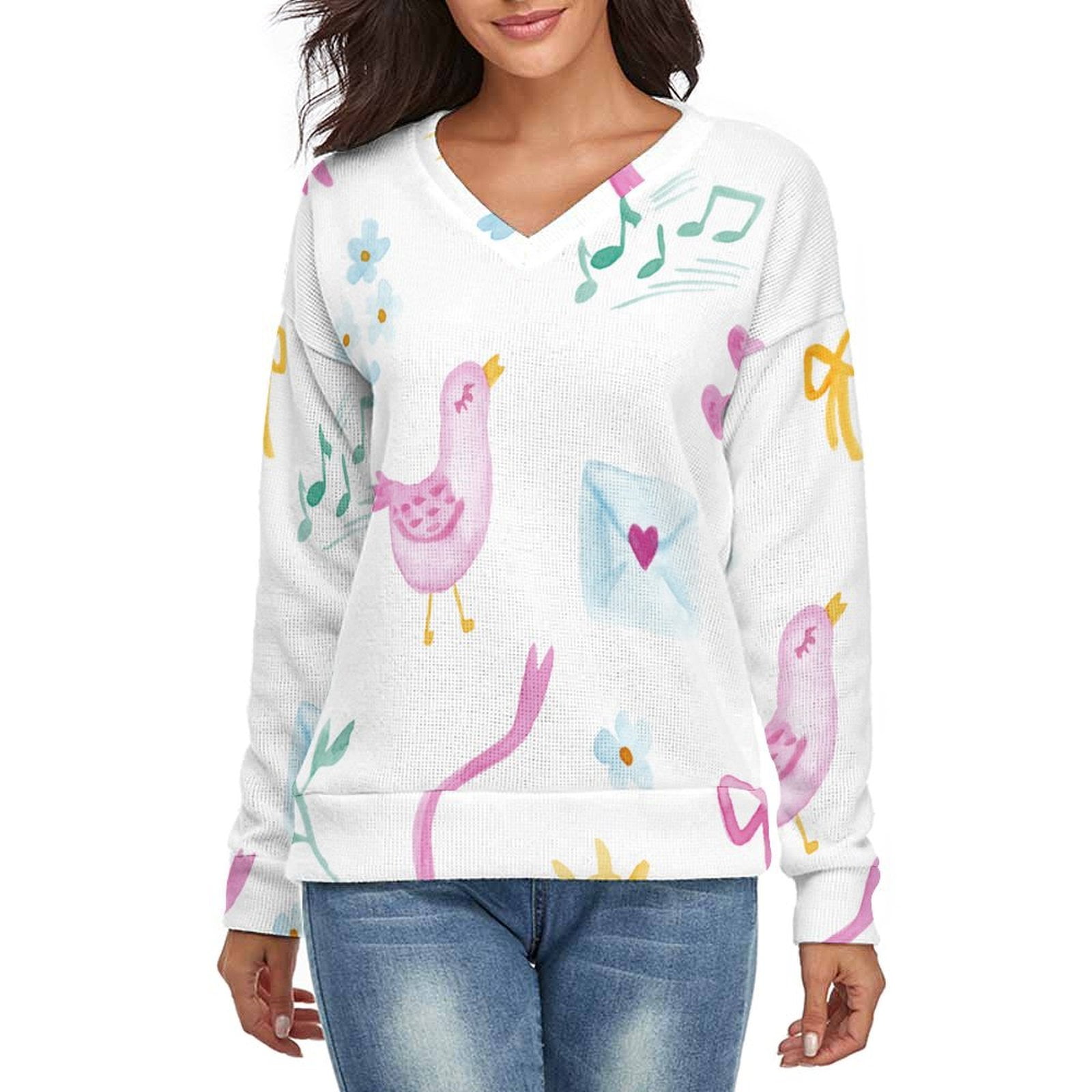 ANYWAY.GO Trendy Fall Fashion Women V Neck SweaterBirds Music Notes ...