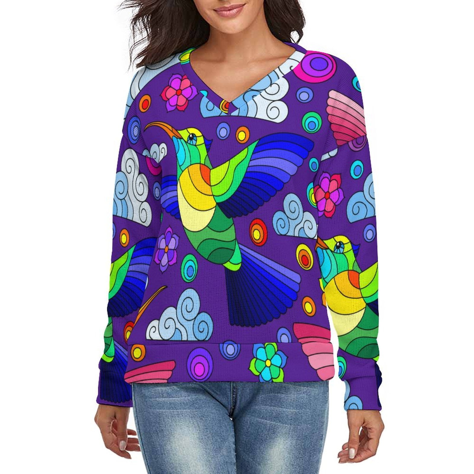ANYWAY.GO Trendy Fall Fashion Women V Neck SweaterBright Birds Pattern ...