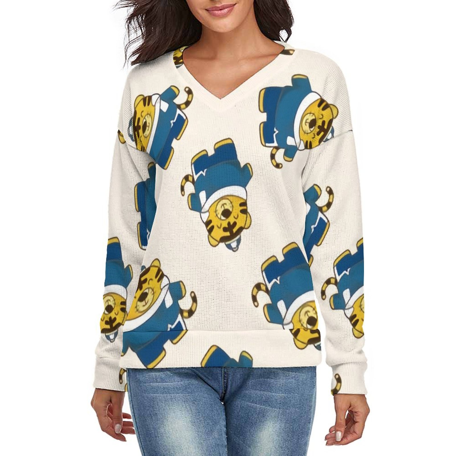 ANYWAY.GO Trendy Fall Fashion Women V Neck SweaterCartoon Animal Tiger ...