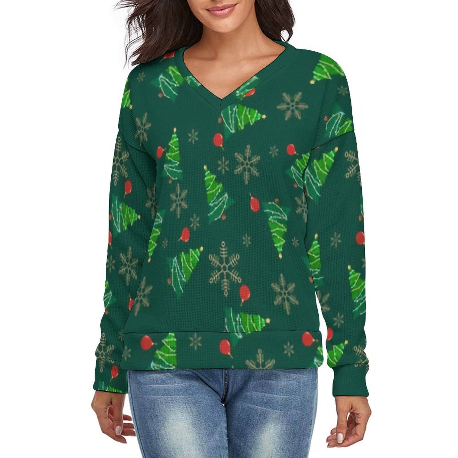 ANYWAY.GO Trendy Fall Fashion Women V Neck SweaterChristmas Elements ...