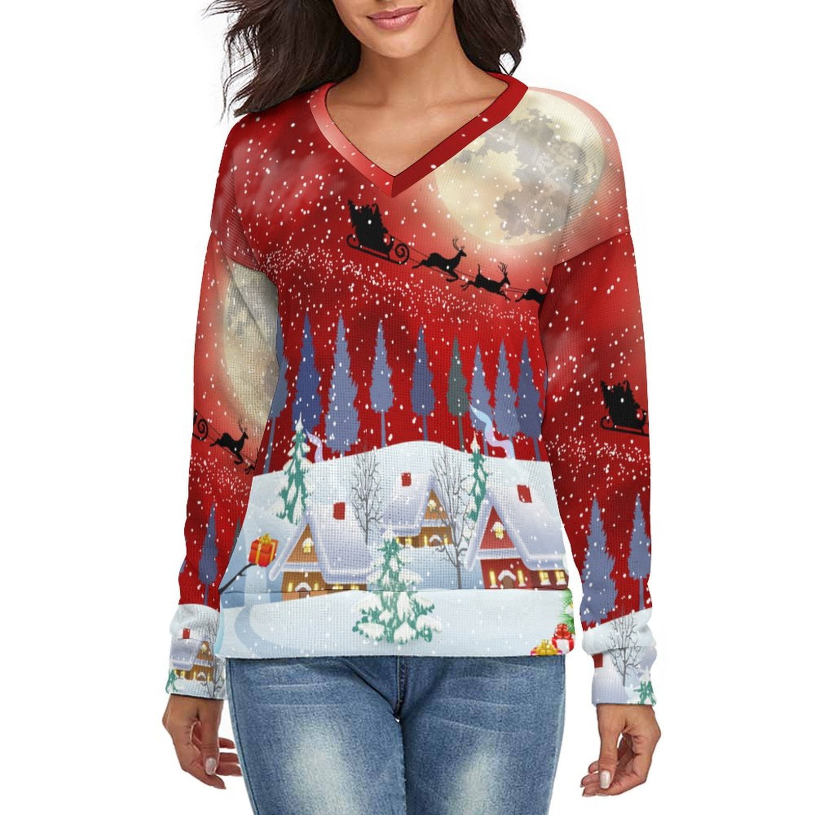 ANYWAY.GO Trendy Fall Fashion Women V Neck SweaterChristmas Landscape ...
