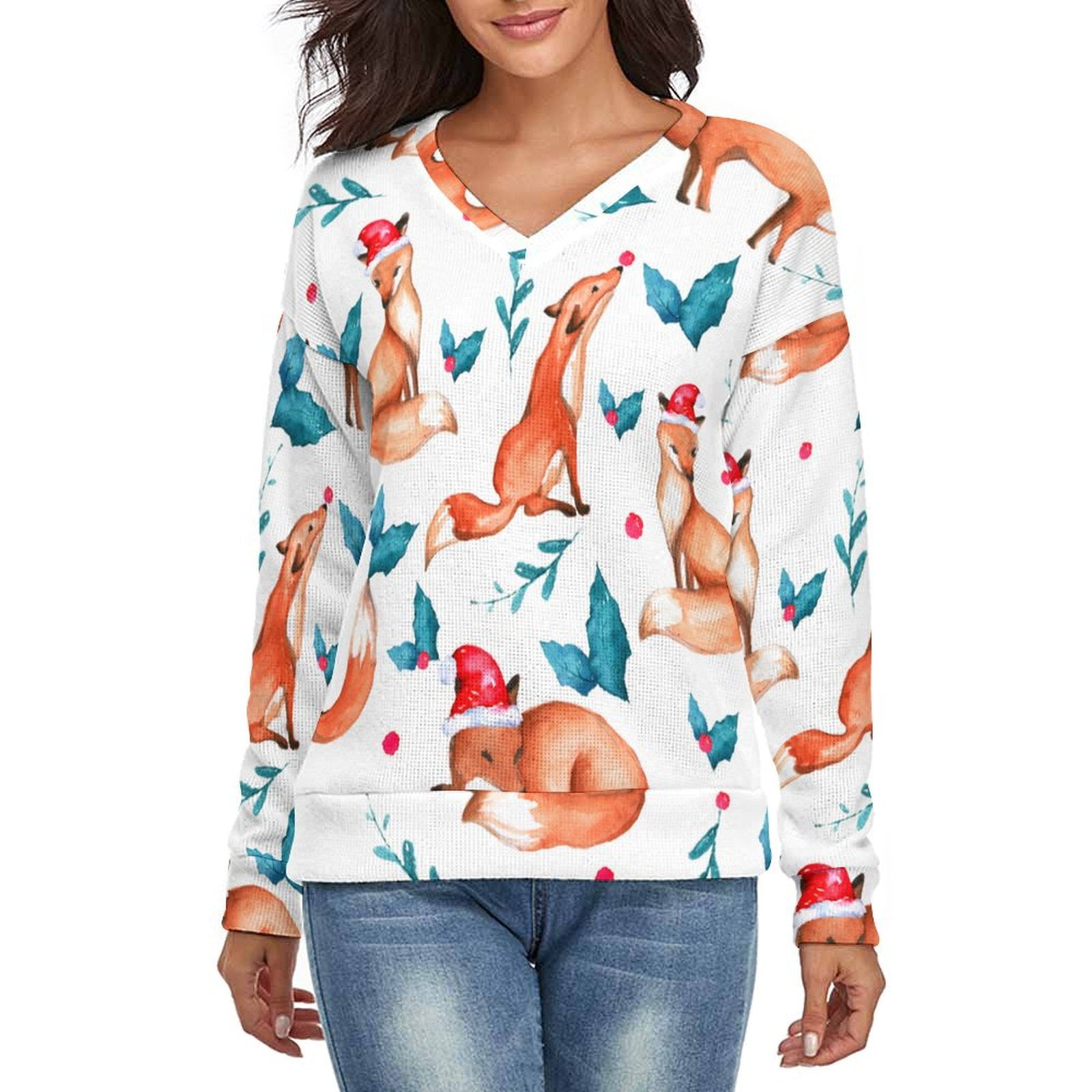ANYWAY.GO Trendy Fall Fashion Women V Neck SweaterColor Fox Christmas ...