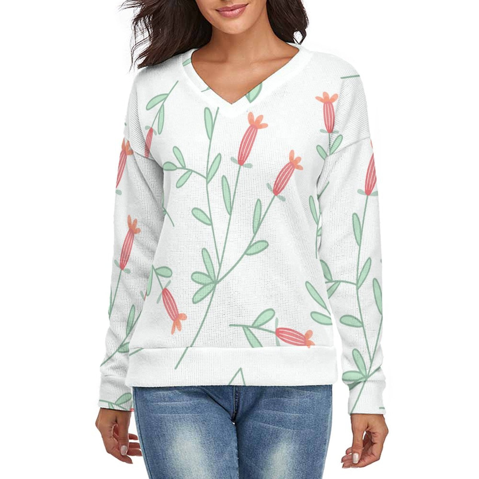 ANYWAY.GO Trendy Fall Fashion Women V Neck SweaterCute Flower Pattern ...