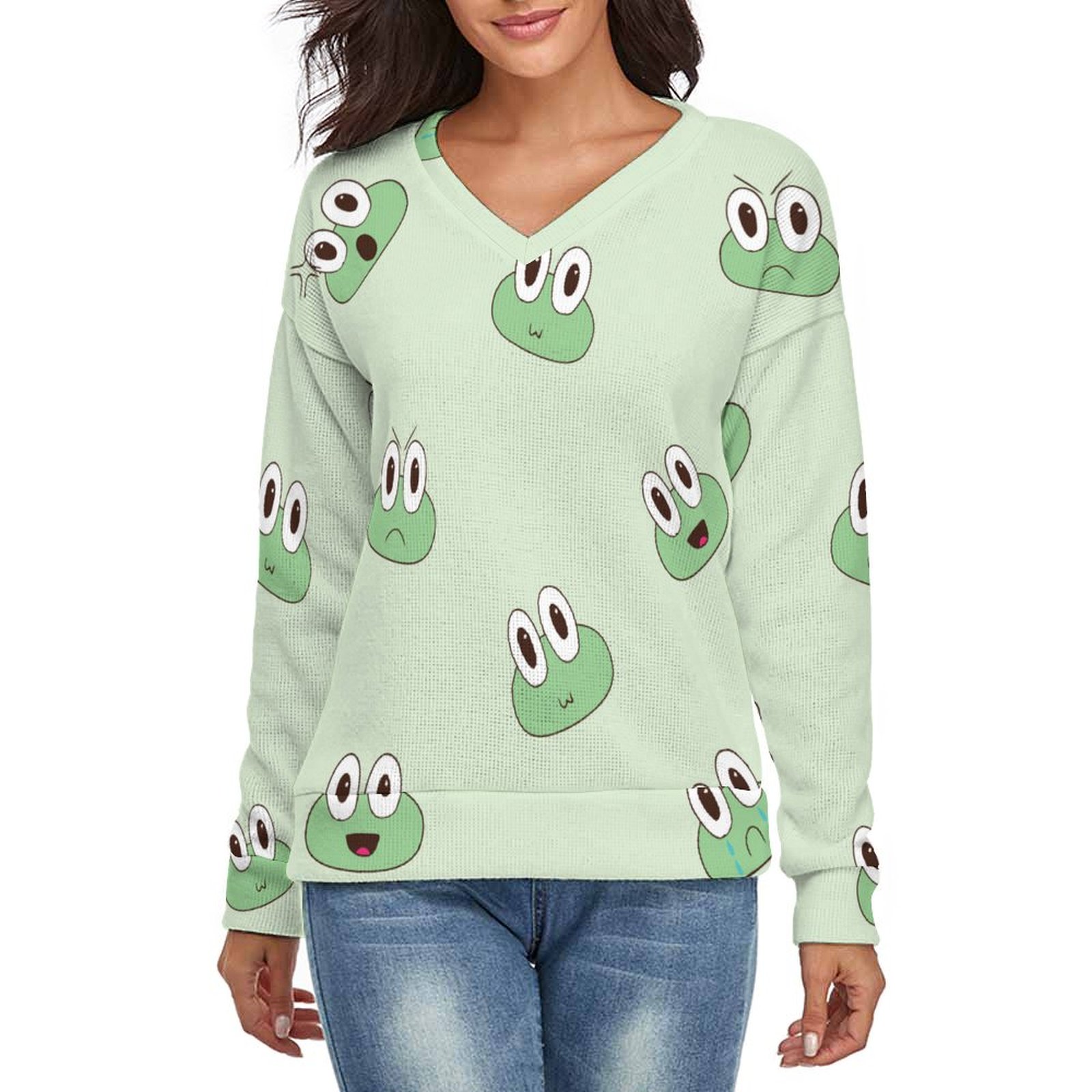 ANYWAY.GO Trendy Fall Fashion Women V Neck SweaterCute Frog Hand Draw ...