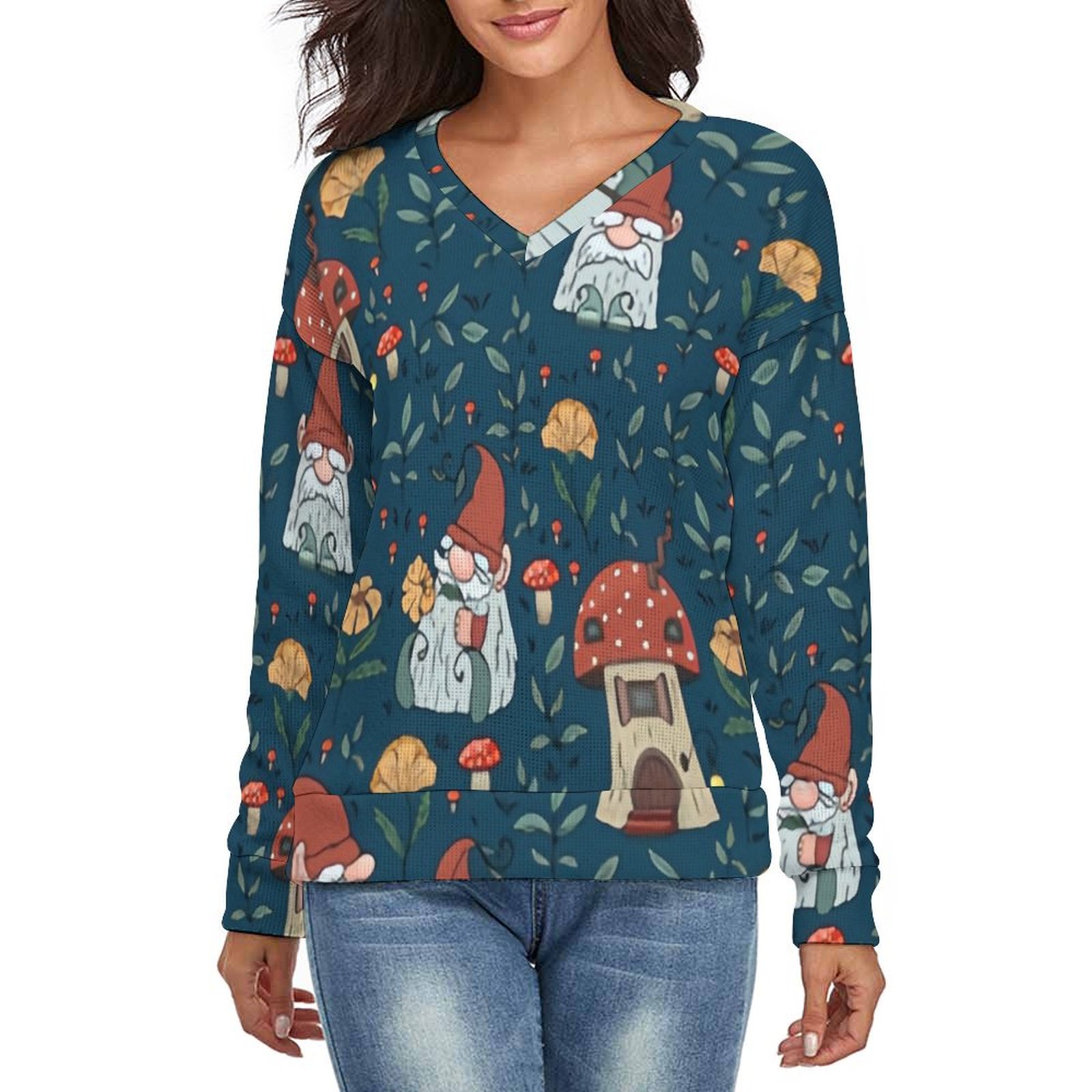 ANYWAY.GO Trendy Fall Fashion Women V Neck SweaterCute Gnomes Flowers ...