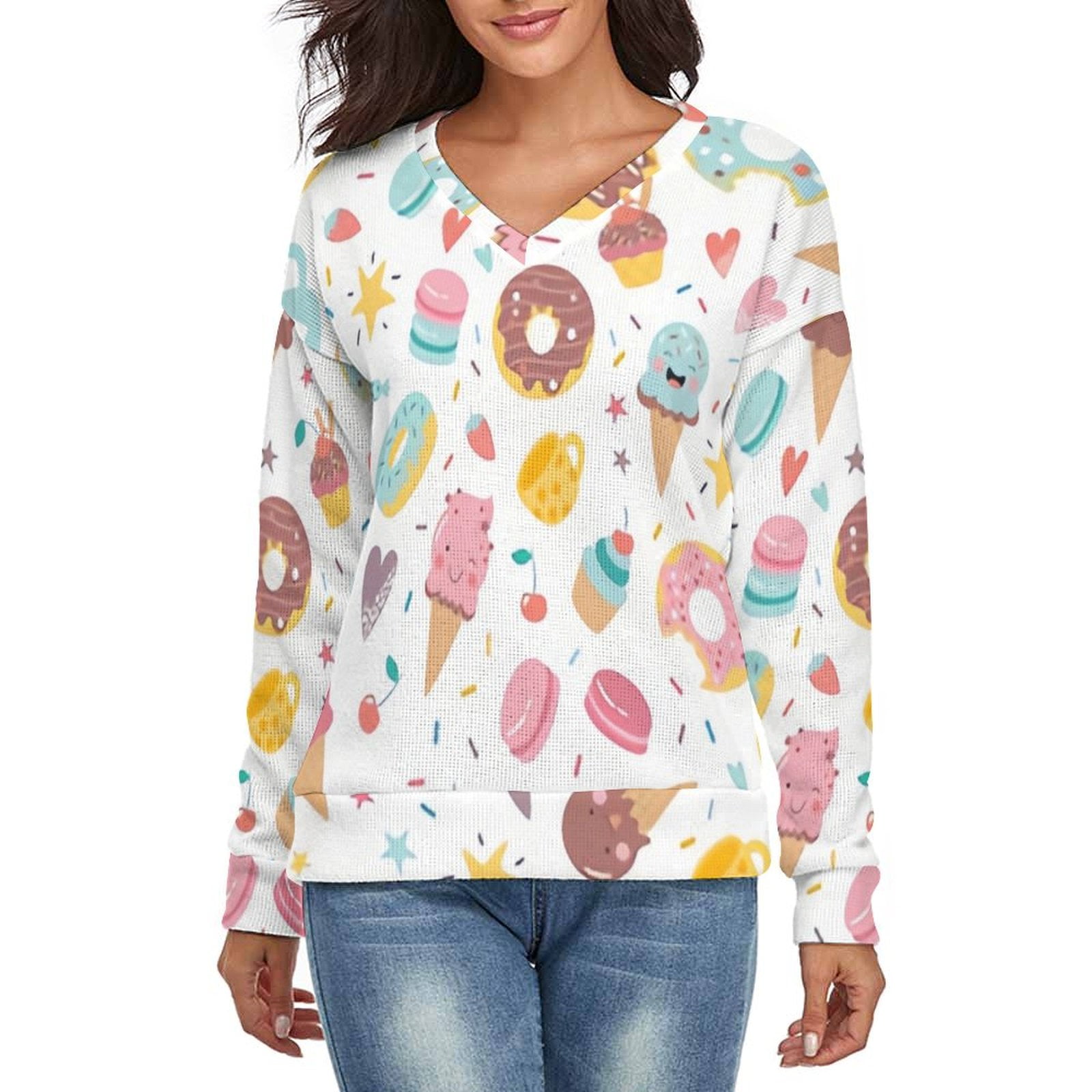 ANYWAY.GO Trendy Fall Fashion Women V Neck SweaterCute Hand Drawn ...