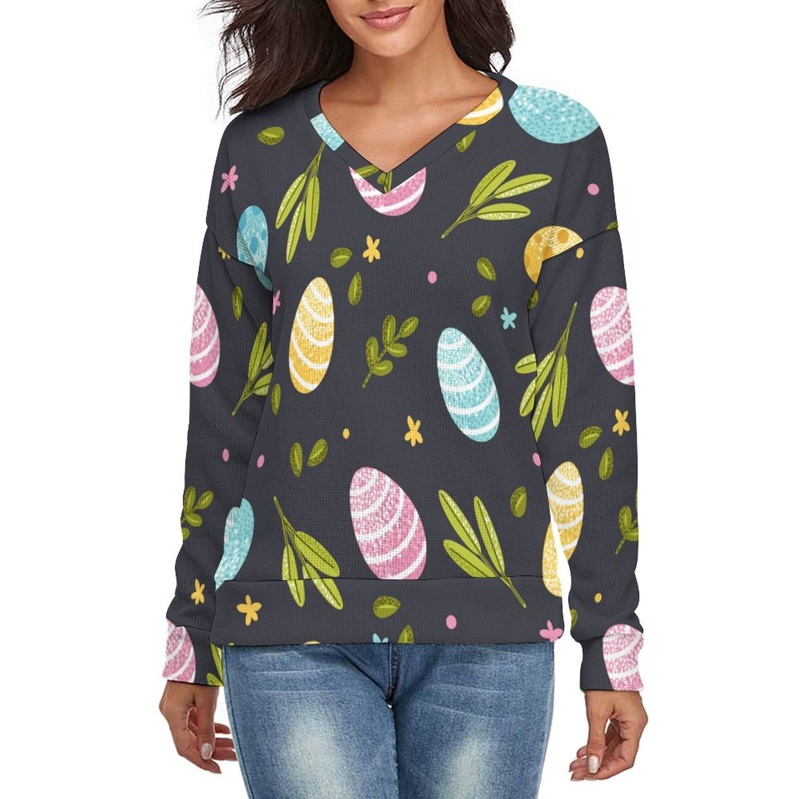 ANYWAY.GO Trendy Fall Fashion Women V Neck SweaterEaster Pattern Eggs ...